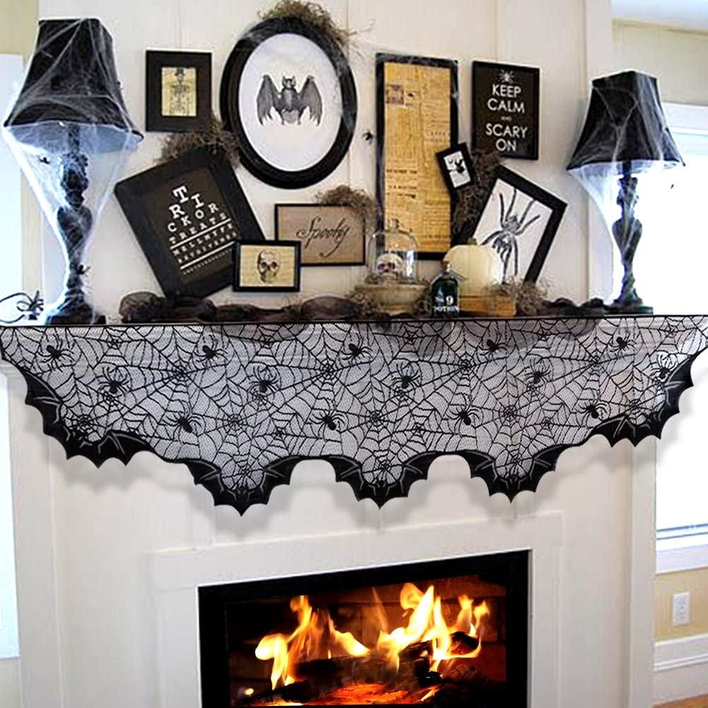 Vorkoi Halloween Decorations Black Lace Spider Web Fireplace Mantle ...