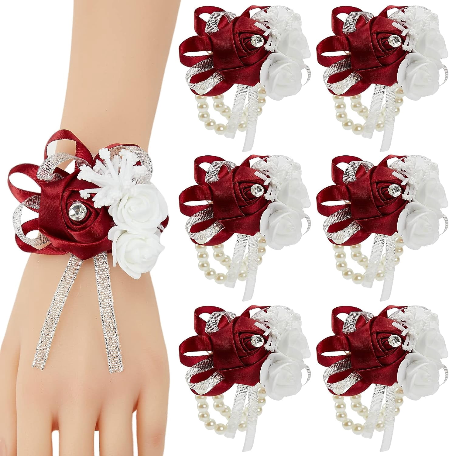 Vorkoi Wrist Corsage for Prom, 6pcs Burgundy Rose Wrist Corsages for ...
