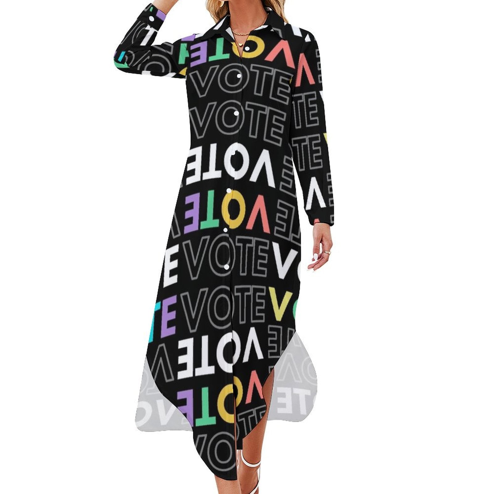 Vote Pattern - White Long Sleeved Shirt Dress luxury evening dresses ...