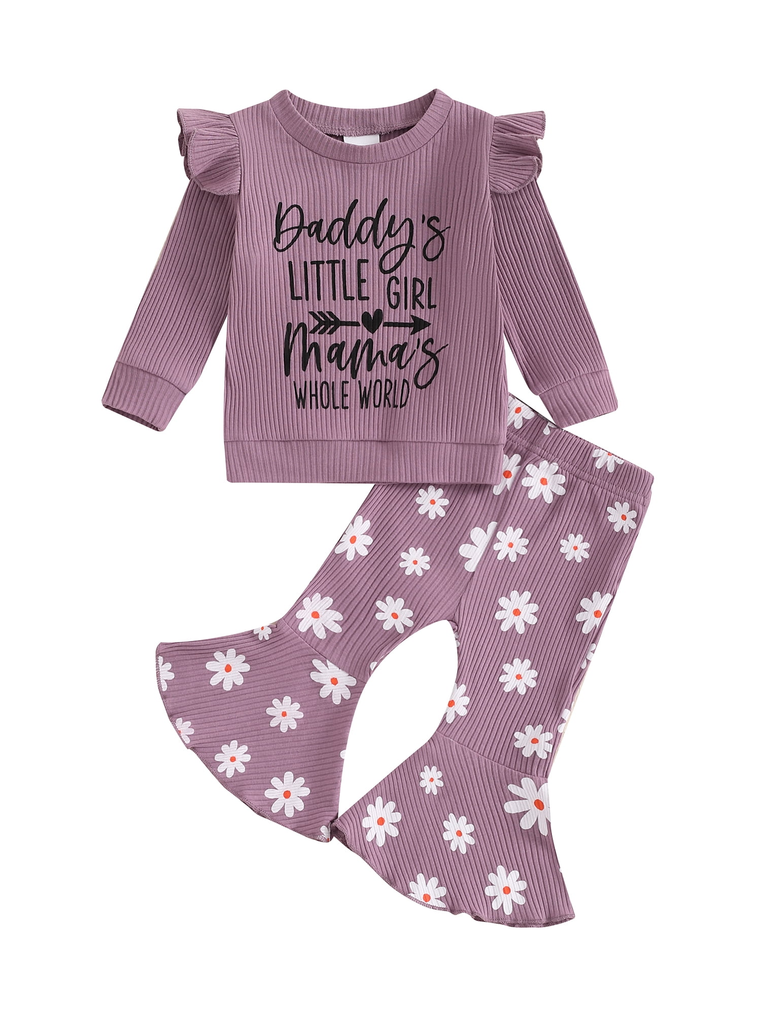 Votuleazi Baby Girl Set Ribbed Letter Long Sleeve Ruffled Tops Floral ...