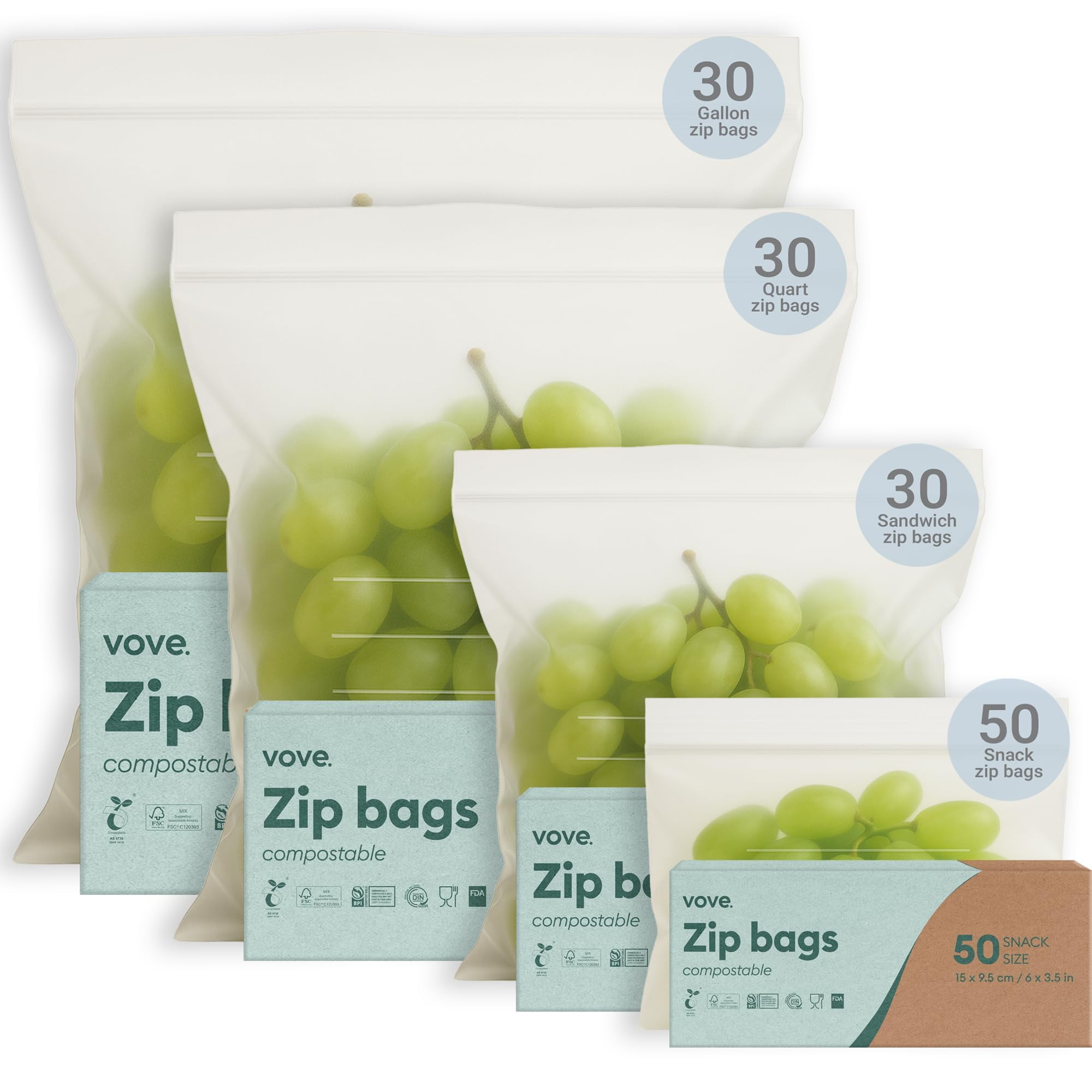Vove Compostable Zip Bags BDF32 140-Pack | Multi-Size Biodegradable ...