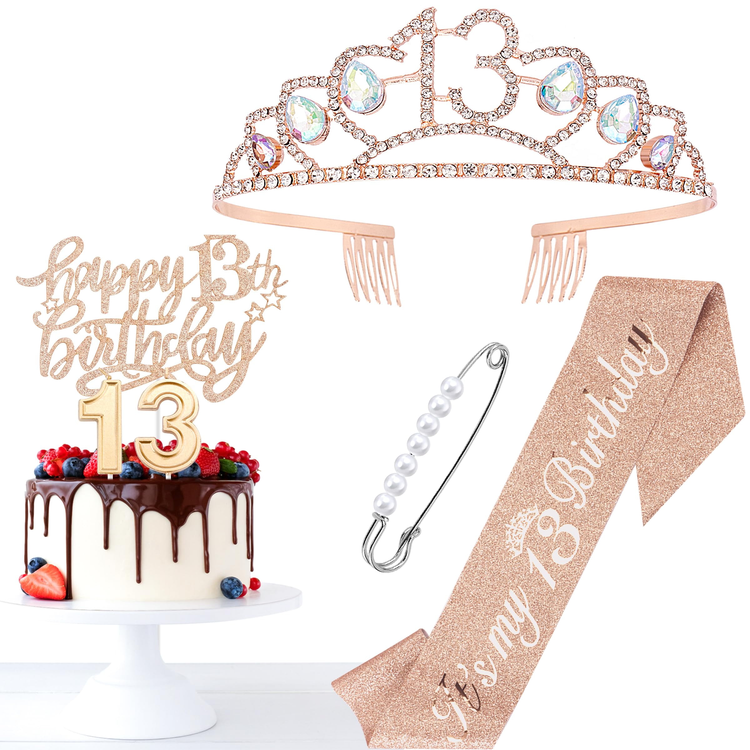 Vovii 13 Birthday Decorations for Girls, Rose Gold 13th Sweet Rhinestone Tiara Crown, Happy ...