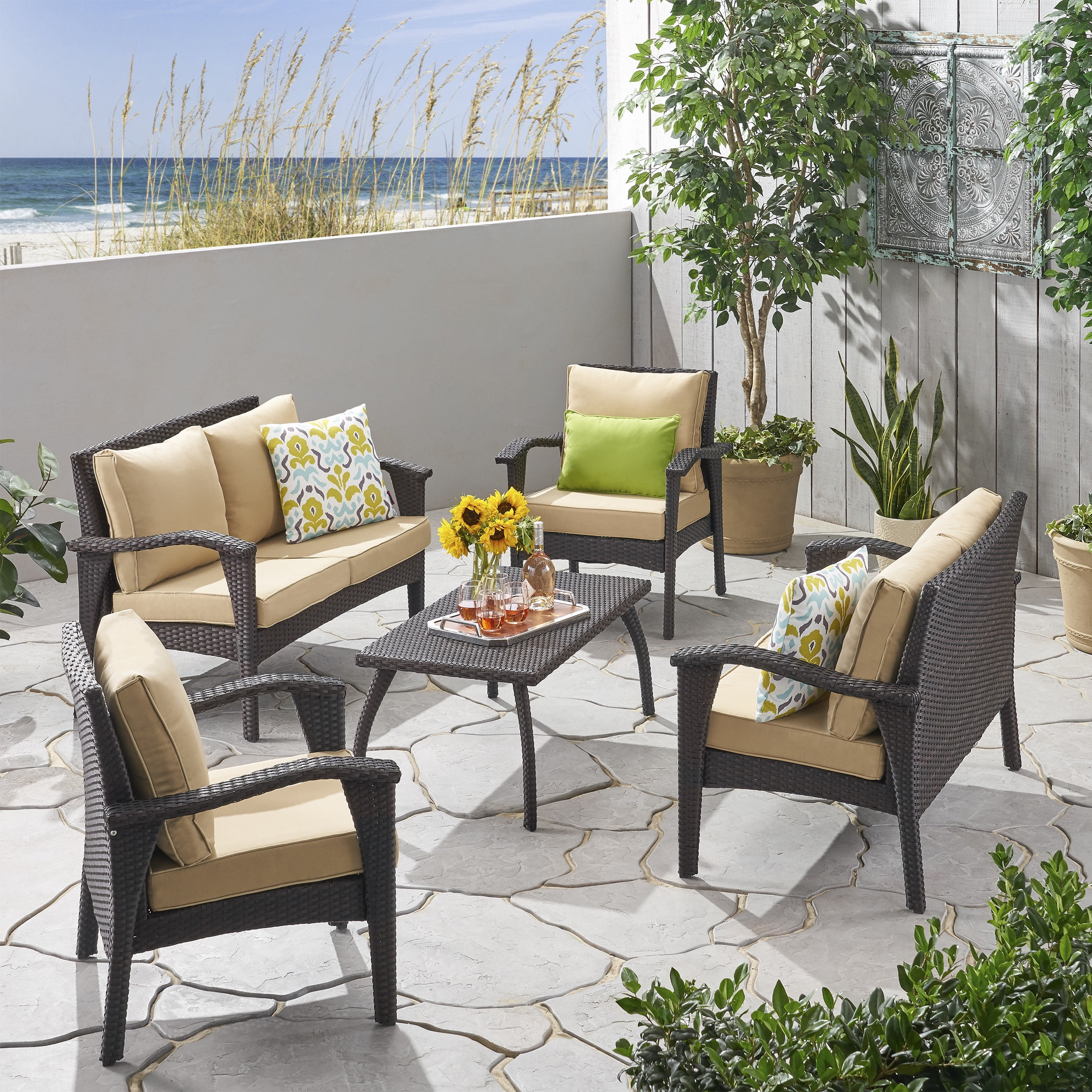 Voyage Outdoor 6 Seater Wicker Chat Set with Cushions, Brown and Tan - Walmart Business Supplies