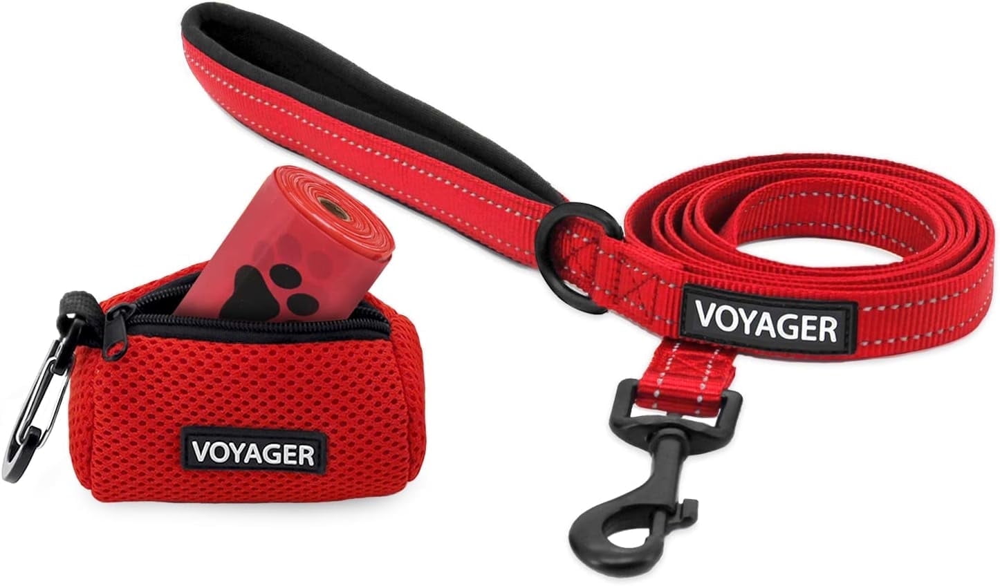 Voyager Reflective Leash Poop Bag Set with Neoprene Handle, 5ft Long ...
