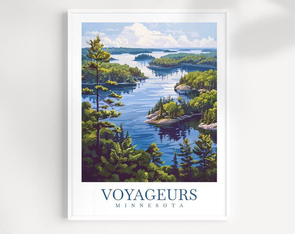Voyageurs Minnesota Travel Print Wall Art - Illustrated Lake & Forest ...