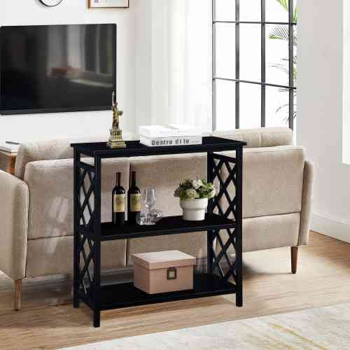 Voyago 3-Tier Console Table with Storage Shelves, Solid Wood Legs and ...