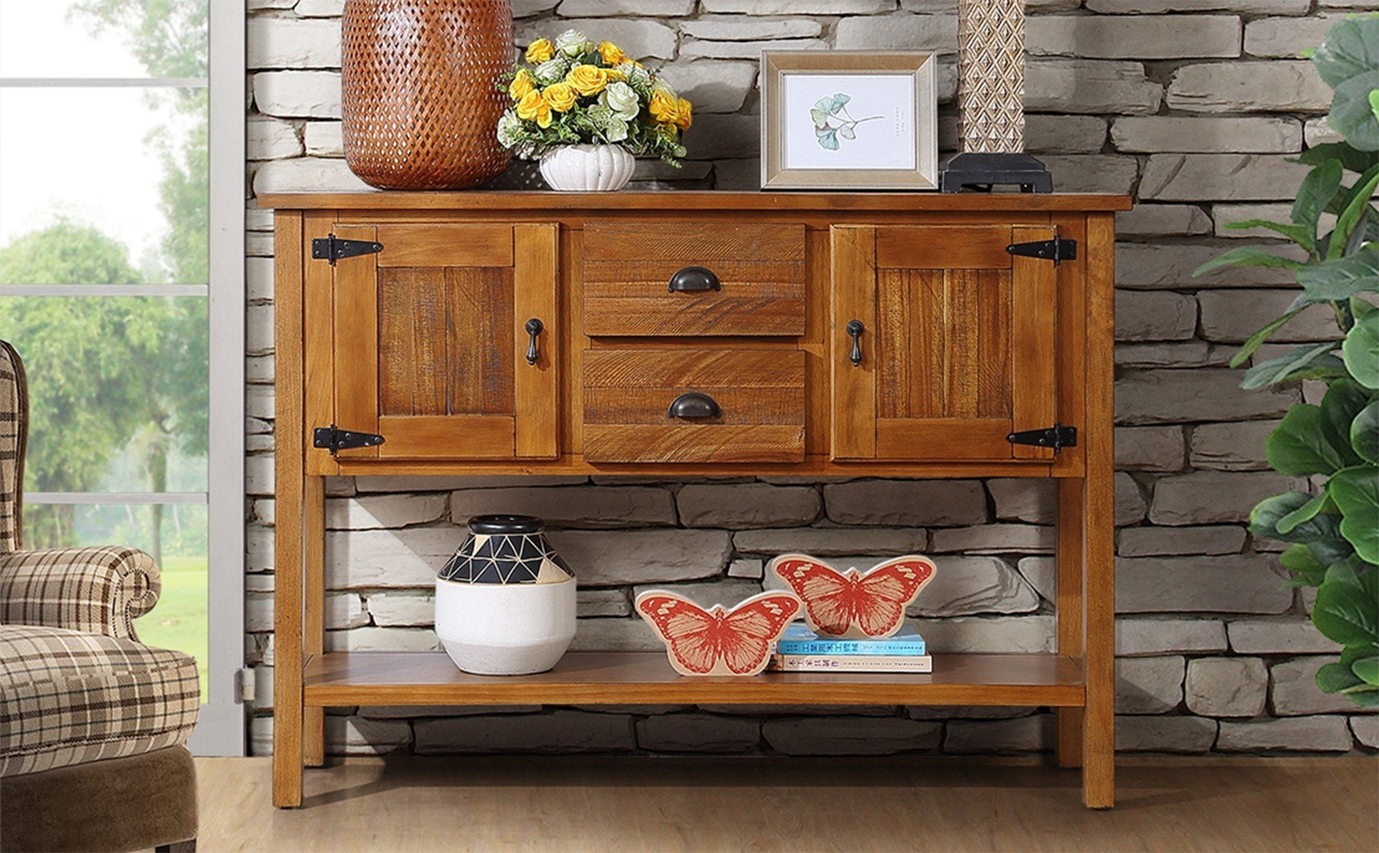 Voyago 48 Inch Brown Solid Wood Sideboard Console Table with 2 Drawers ...