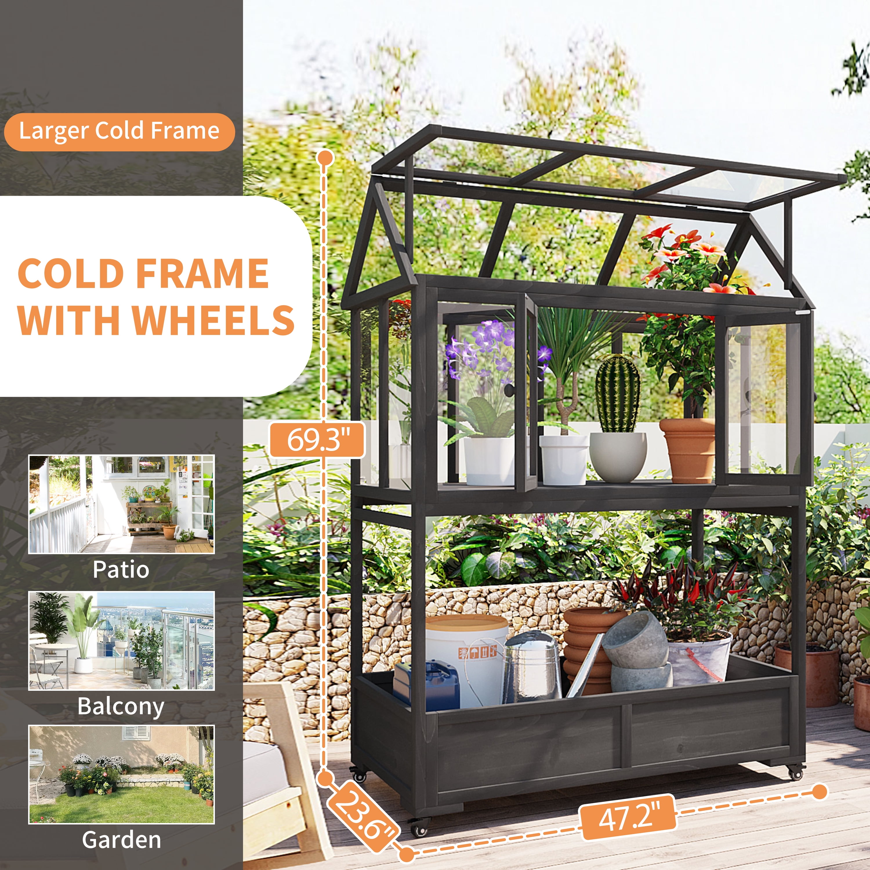 Voyago Black Garden Wood Cold Frame, Portable Mini Greenhouse with ...