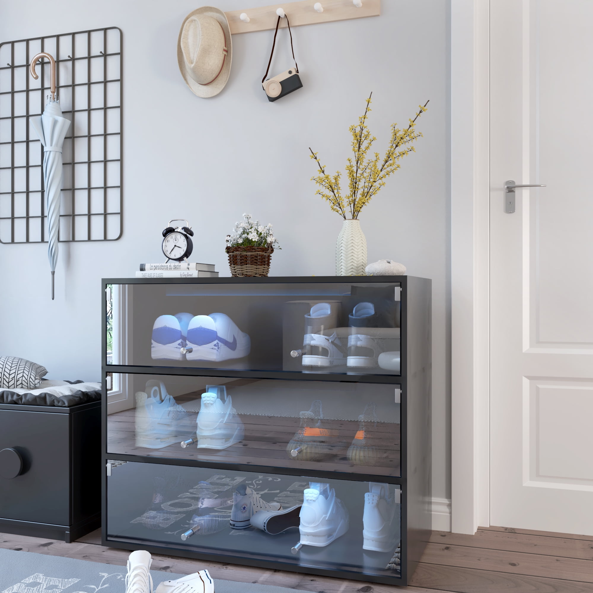 Voyago Black Glass Door Shoe Storage Cabinet with RGB LED Light ...