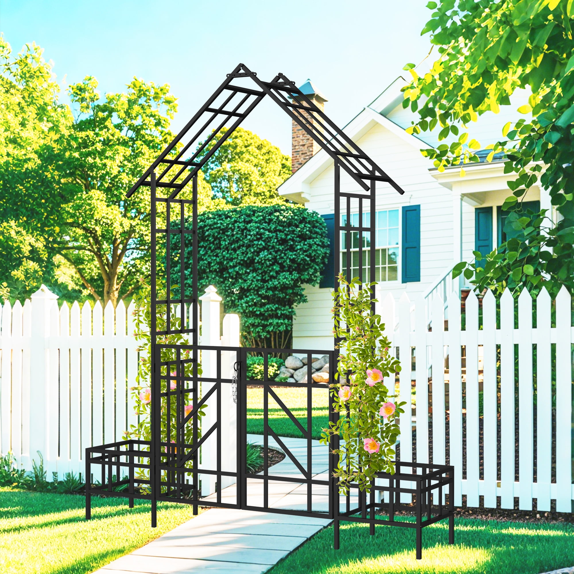 Voyago Black Metal Garden Arch with Gate & Planter W80.71''xH97.24 ...