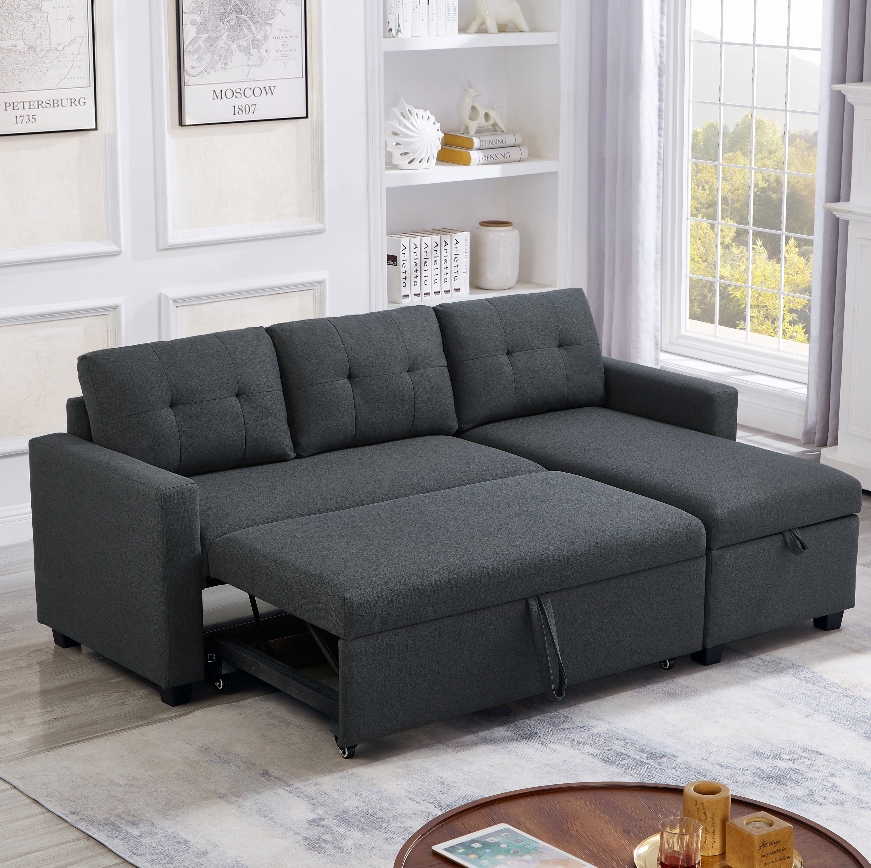 Voyago Dark Grey Upholstered Pull-Out Sectional Sofa with Storage ...