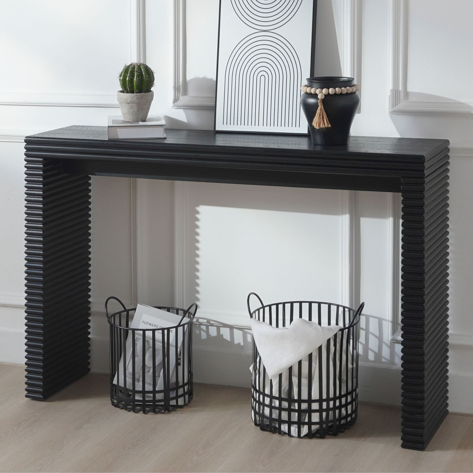 Voyago Modern Black Console Table with Ribbed Design, 47” Wood Top ...