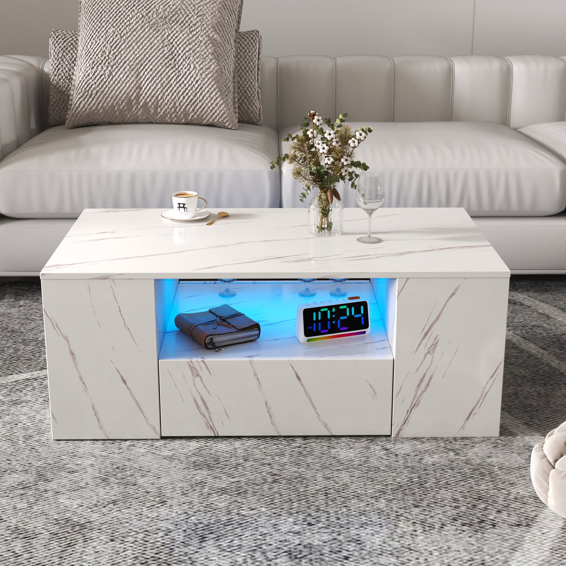 Voyago Modern LED Coffee Table with Remote-Controlled Lighting, Storage ...