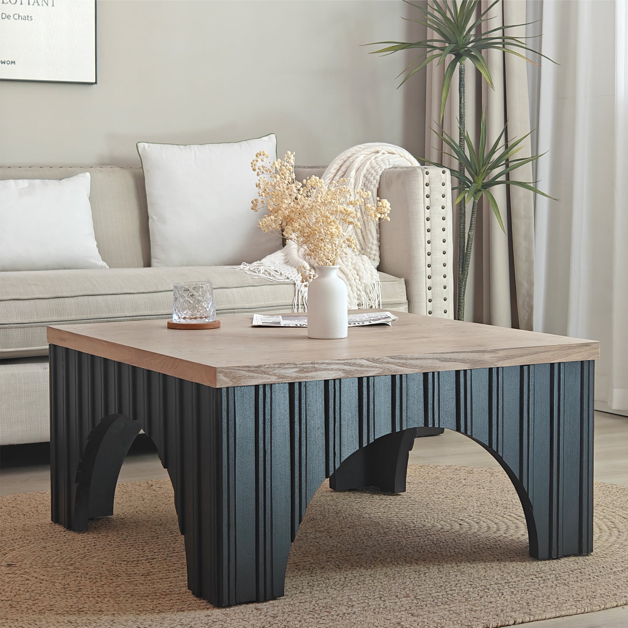 Voyago Rustic Square Coffee Table with Modern Farmhouse Style, Natural ...