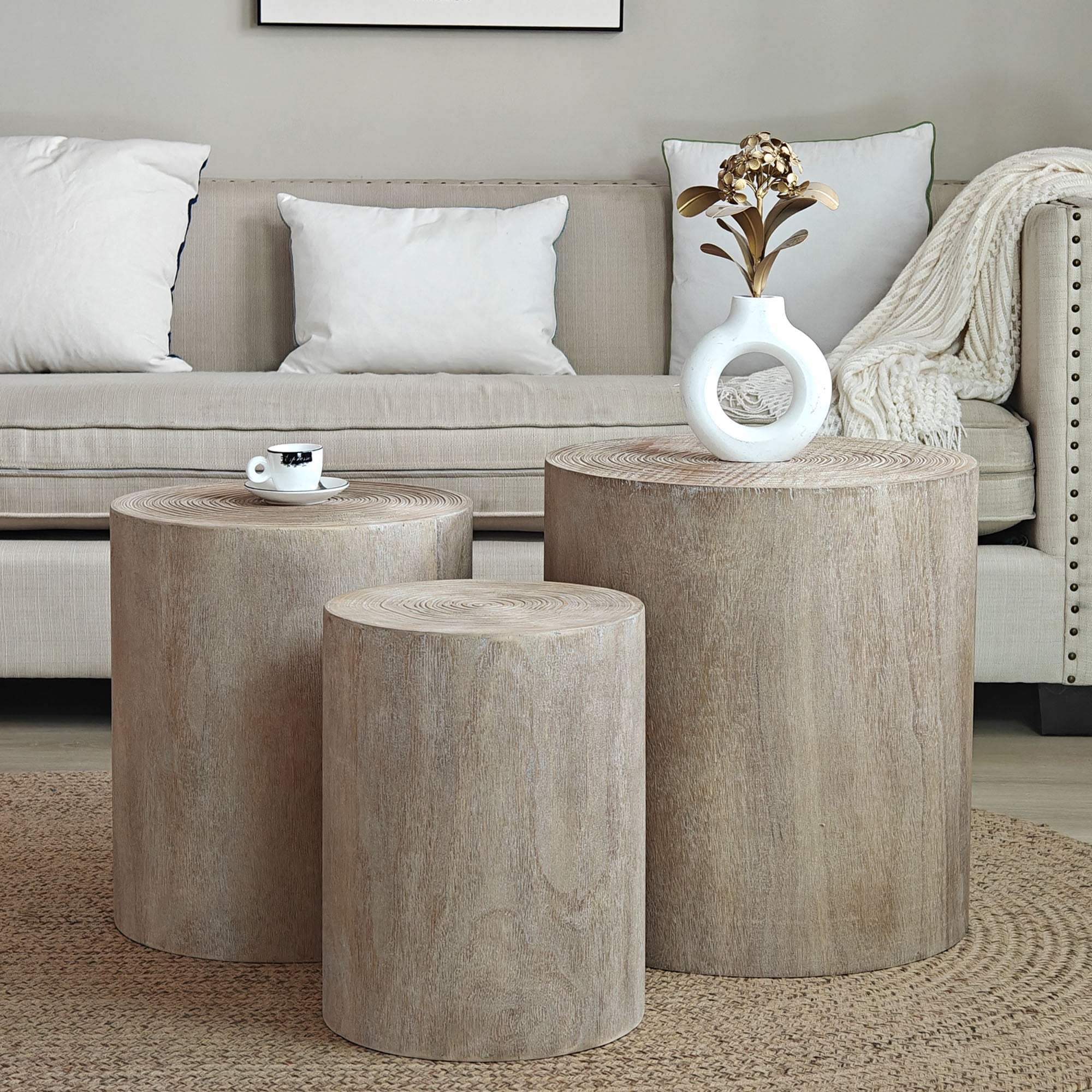 Voyago Set of 3 Rounded Rustic Wood Tables – Versatile Accent, Coffee ...