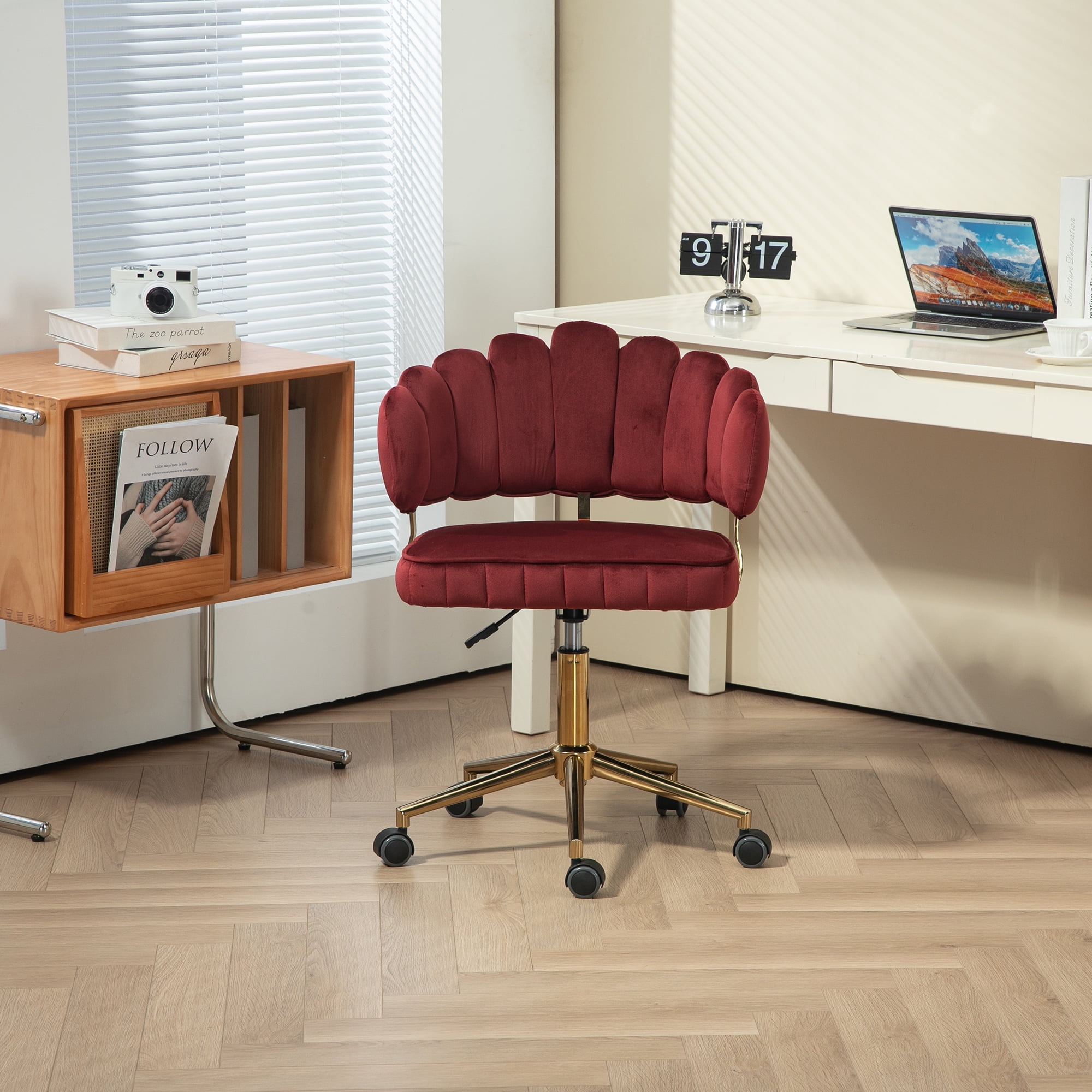 Voyago Wine Red Velvet Home Office Desk Chair, Modern Cute Computer ...