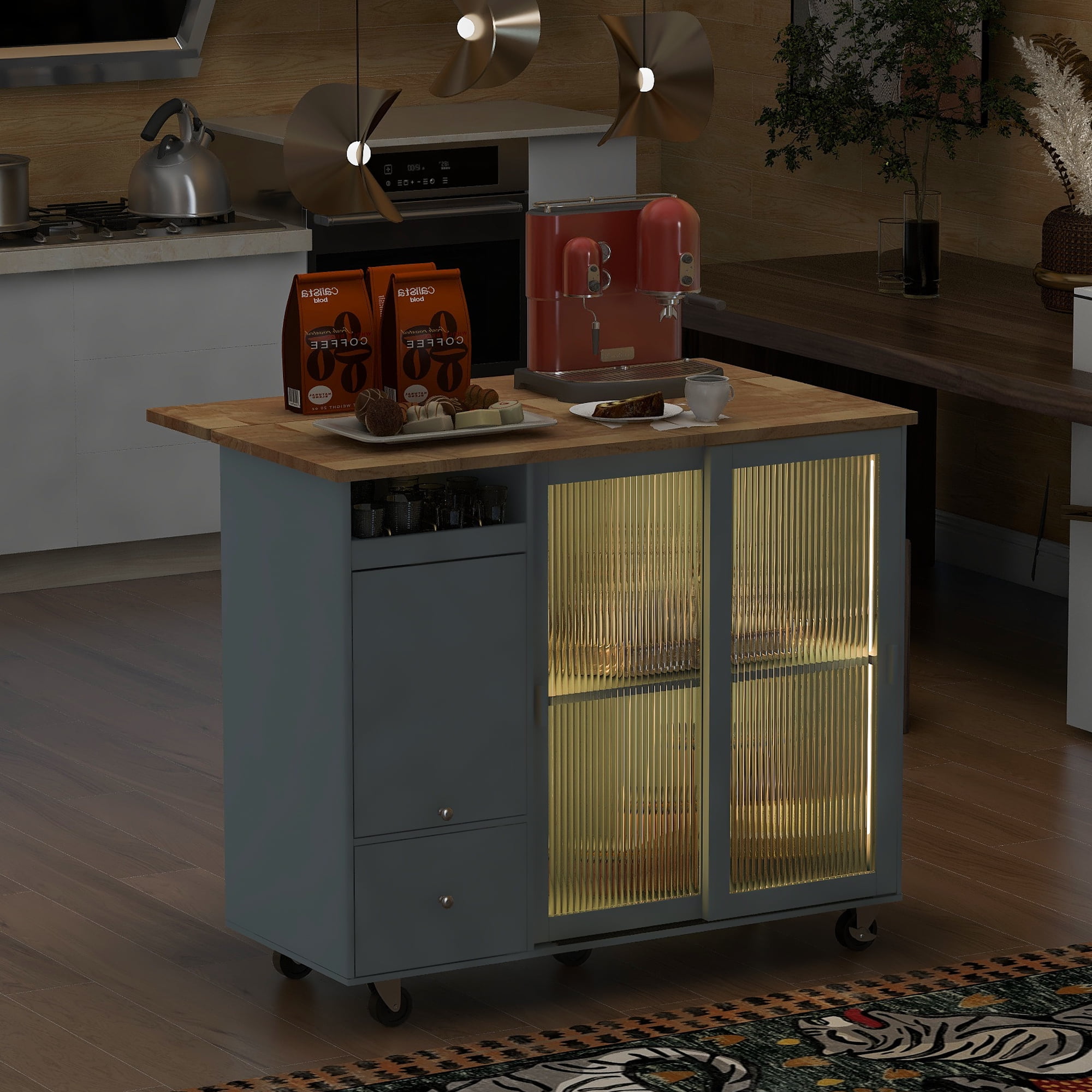 VoyagoKitchen Island with Drop Leaf, LED Light Kitchen Cart on Wheels ...