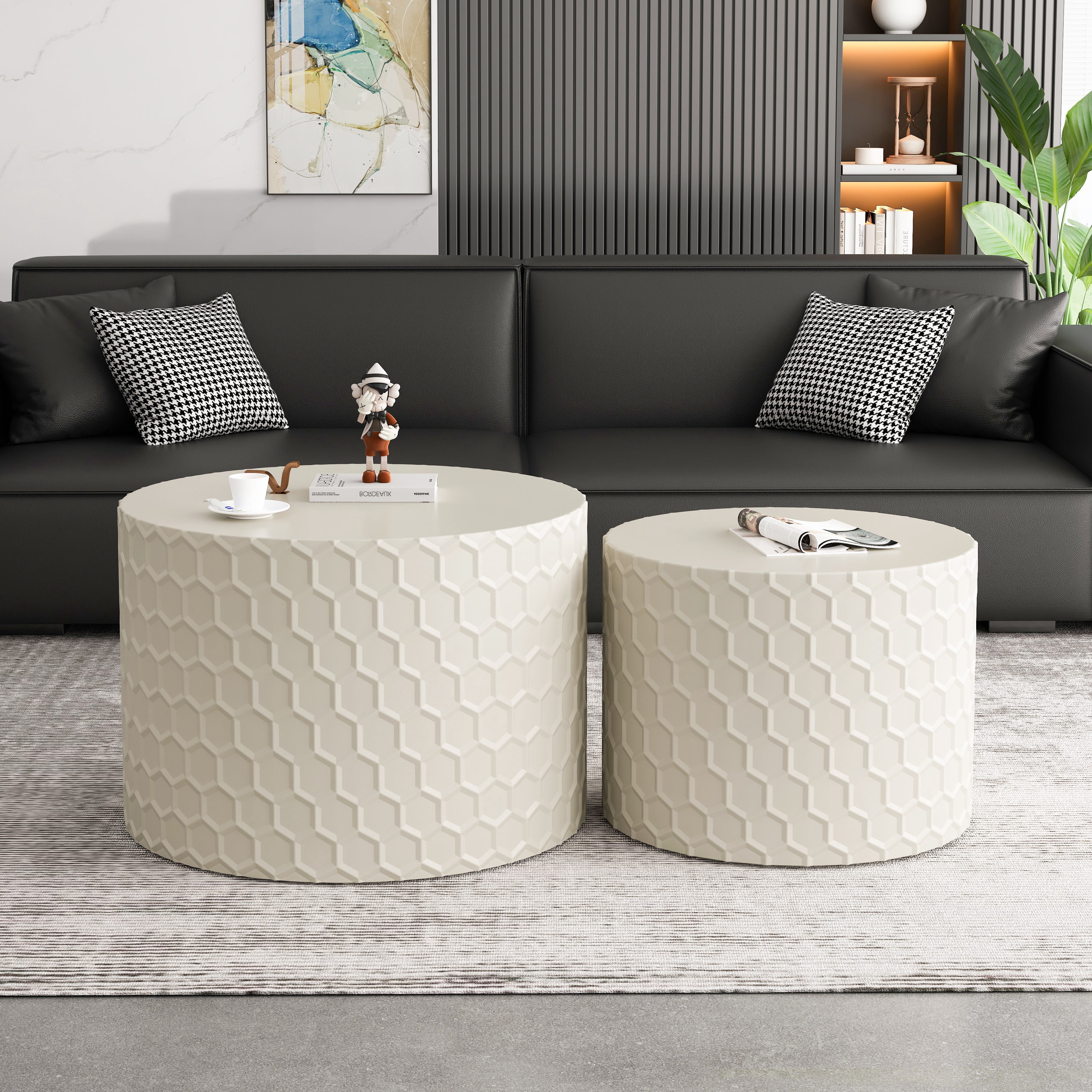 Voyago Beige Nesting Coffee Table Set with Honeycomb Design - Modern ...