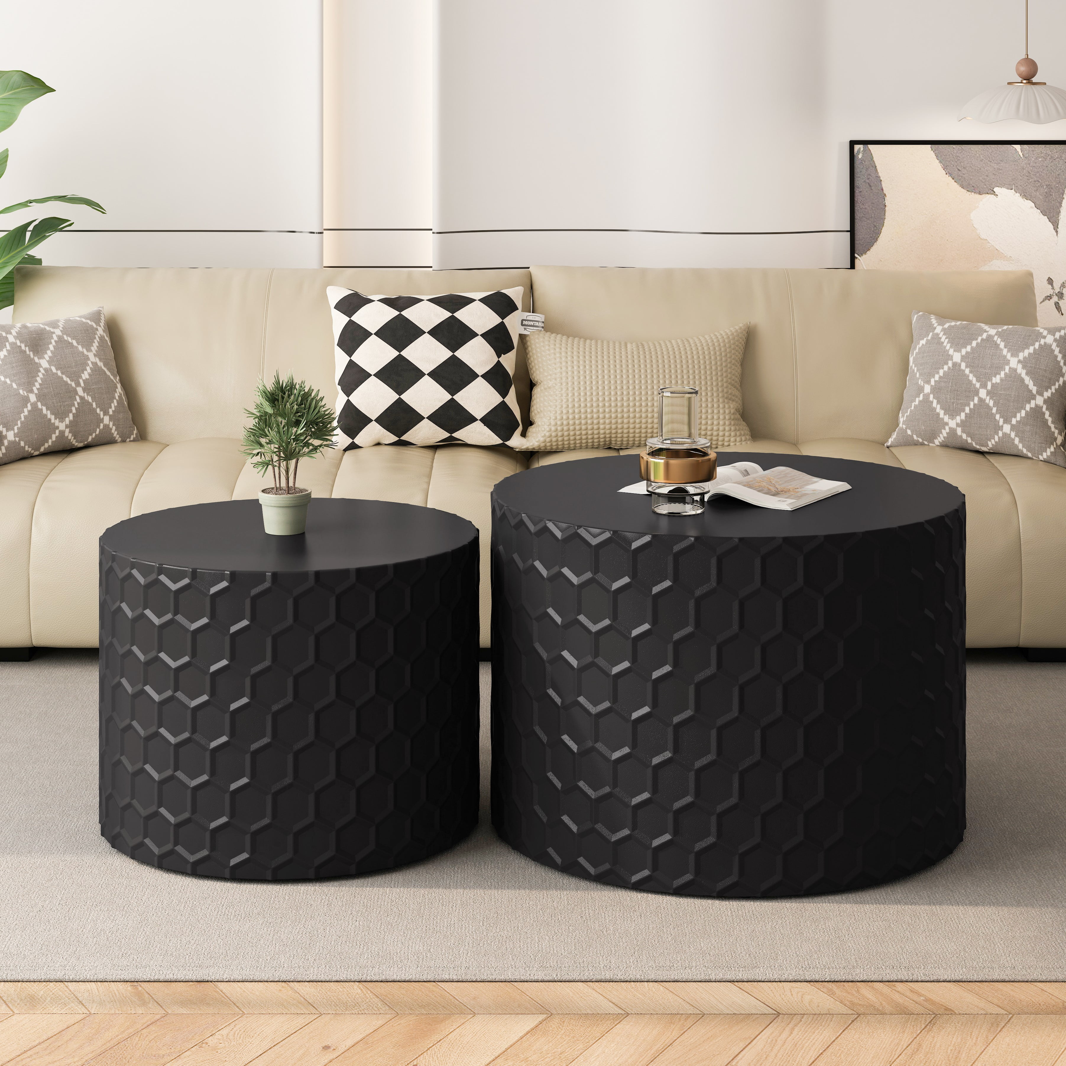 Voyago Black Nesting Coffee Table Set with Honeycomb Design - Modern ...
