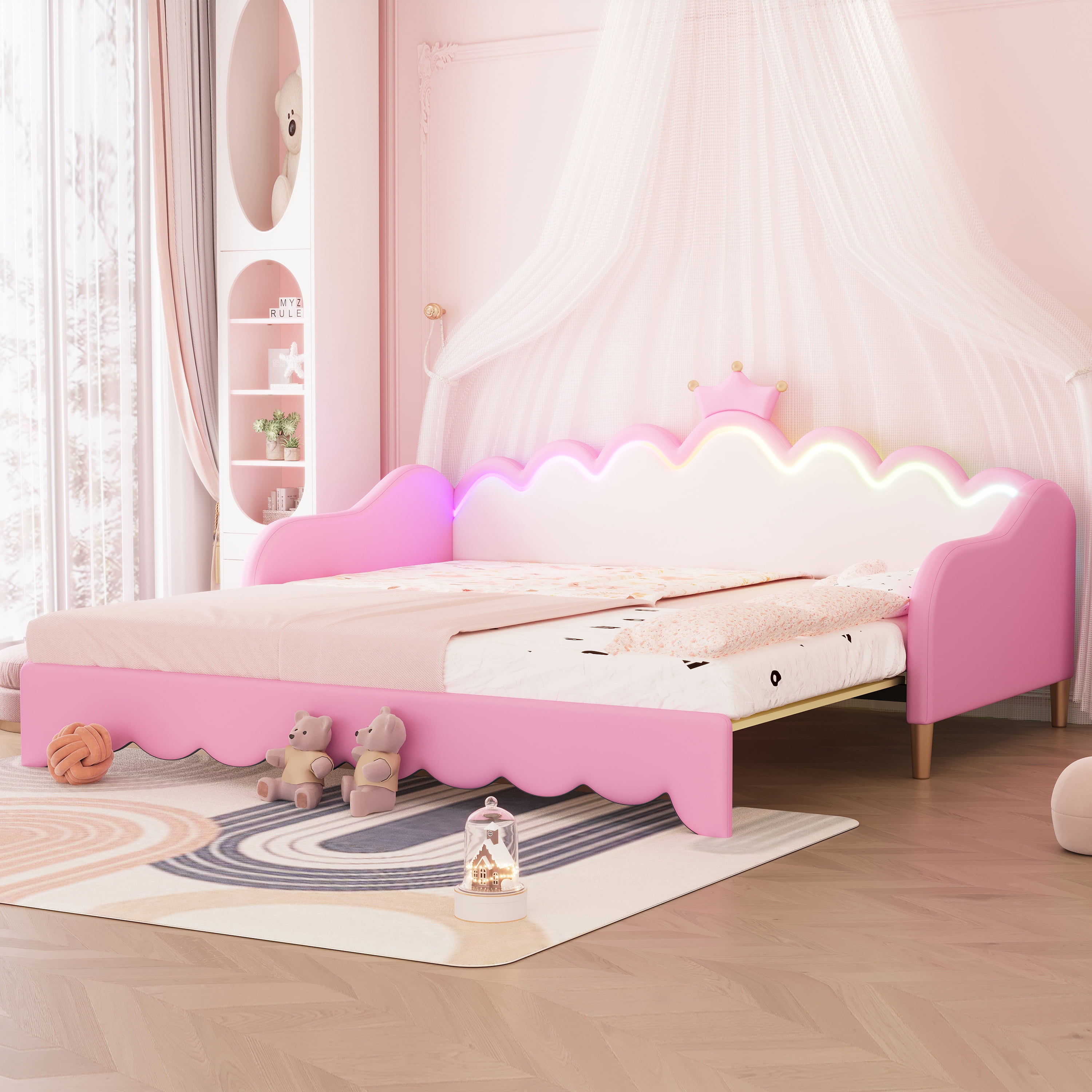 Voyago Pink Twin Extending Daybed with LED Lights & Crown Headboard ...