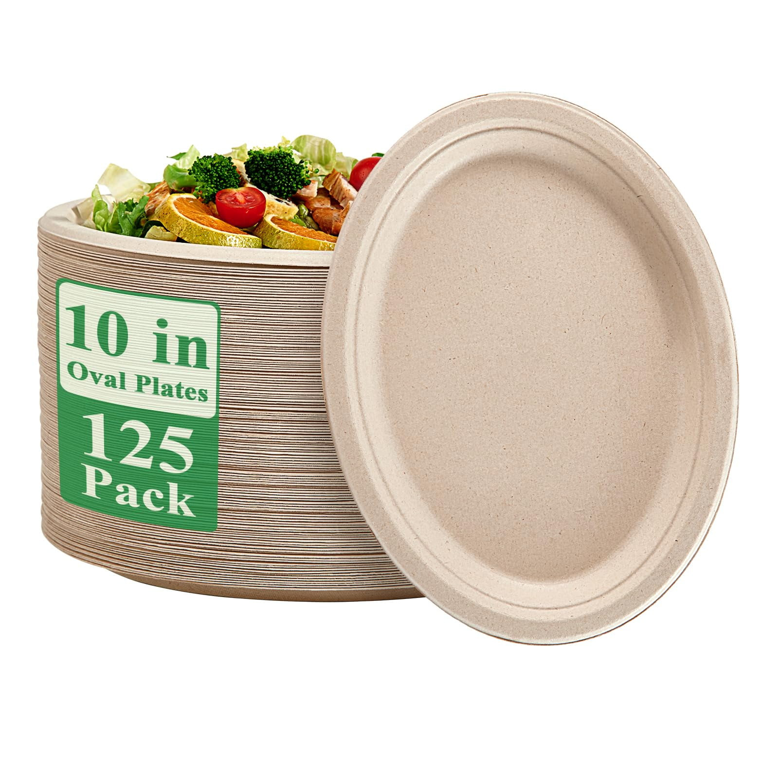 Vplus 100% Compostable Oval Paper Plates 10 inch 125 Pack Super Strong ...