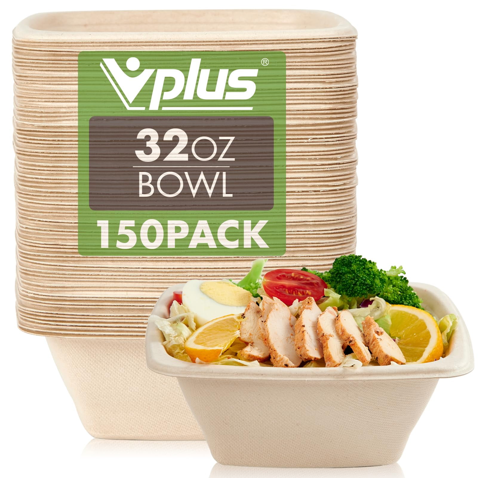 Vplus 150 Pack 32 OZ Paper AFN1Bowls Bulk, Square Disposable and ...