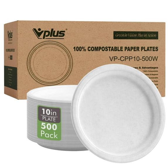 Vplus 500 Pack Compostable DEF29 Disposable Paper Plates 10.25 inch ...