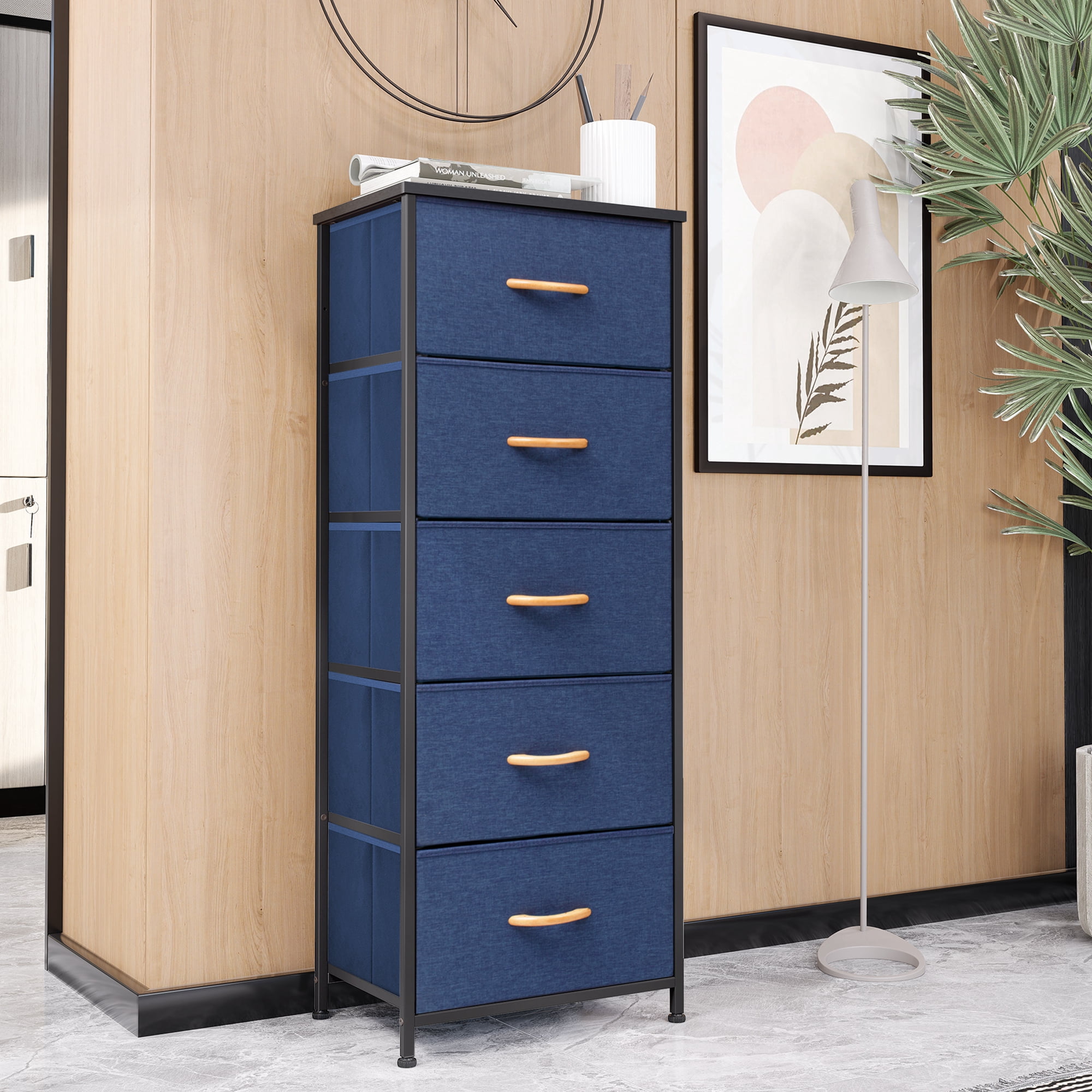 Vredhom 5 Drawers Blue Vertical Storage Tower Fabric Dresser with Cloth ...