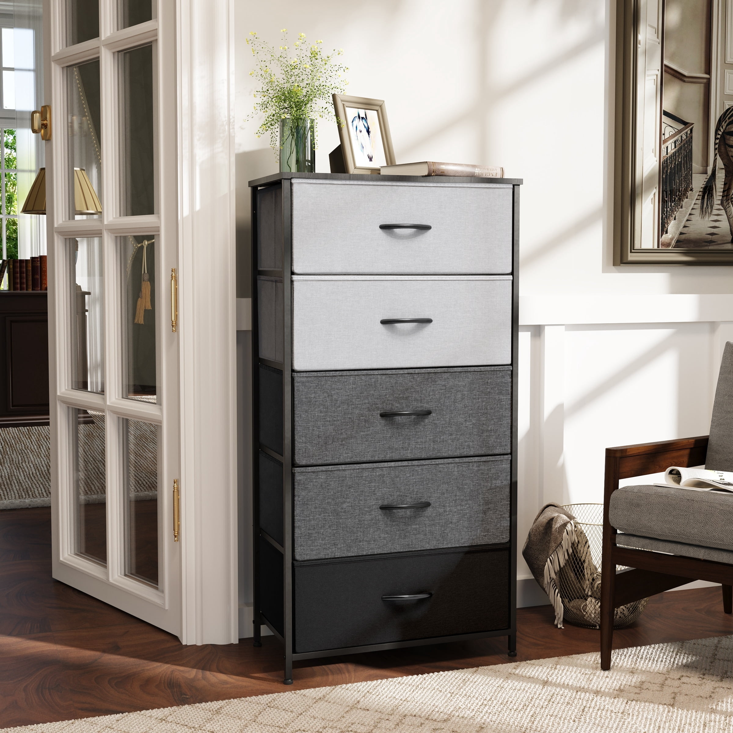 Vredhom 5 Drawers Vertical Dresser Storage Tower in Gray & Black ...