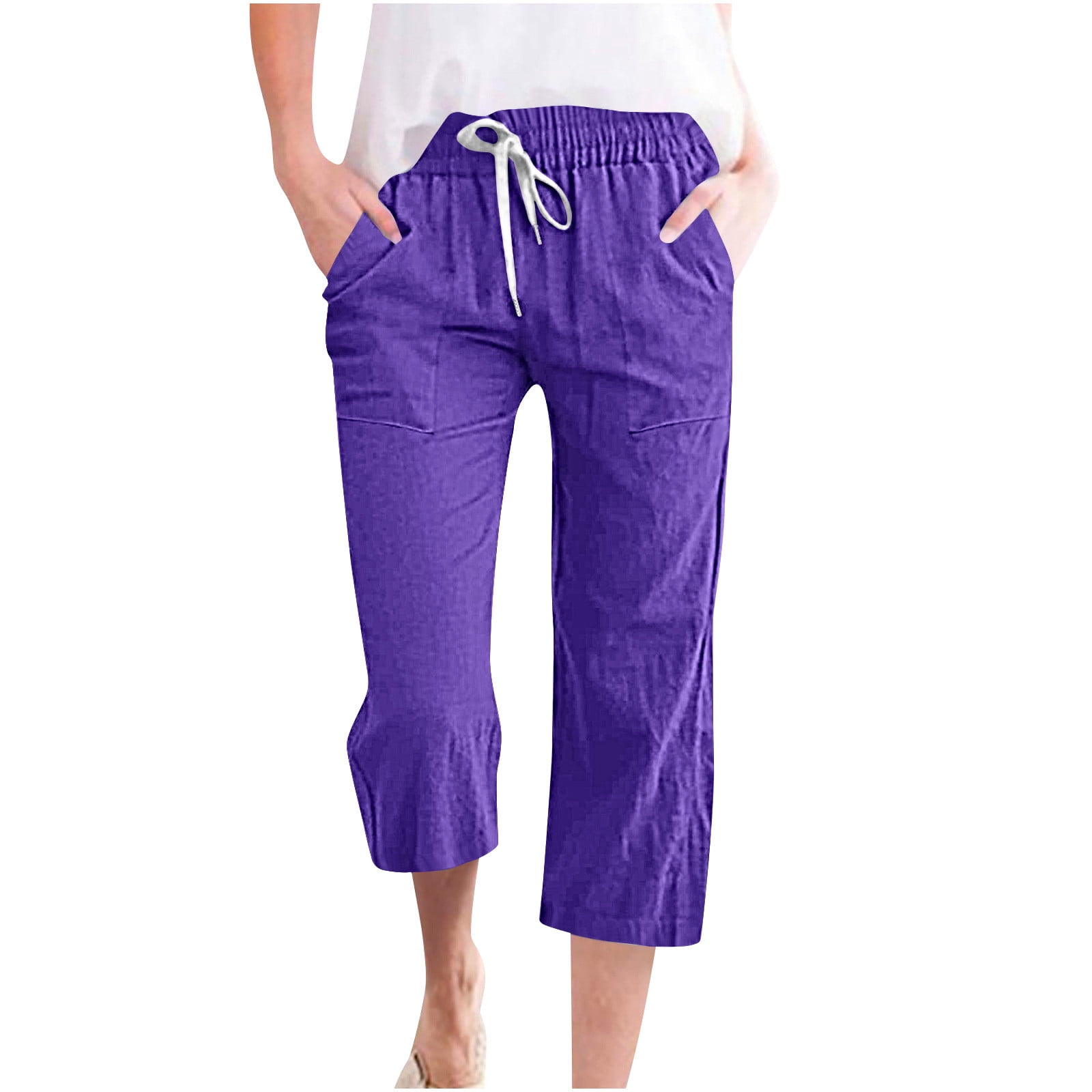 Vrhaik Linen Pants for Women Plus Size Tall Women's White Capri Pants ...