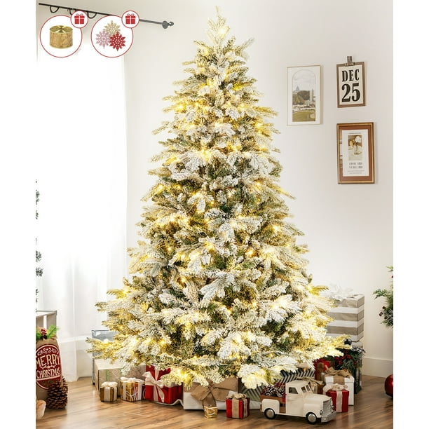 Vrilay 6ft Pre-Lit Snow Flocked Artificial Christmas Tree w/ 1000 Tips 300 Lights, Gold Ribbon ...