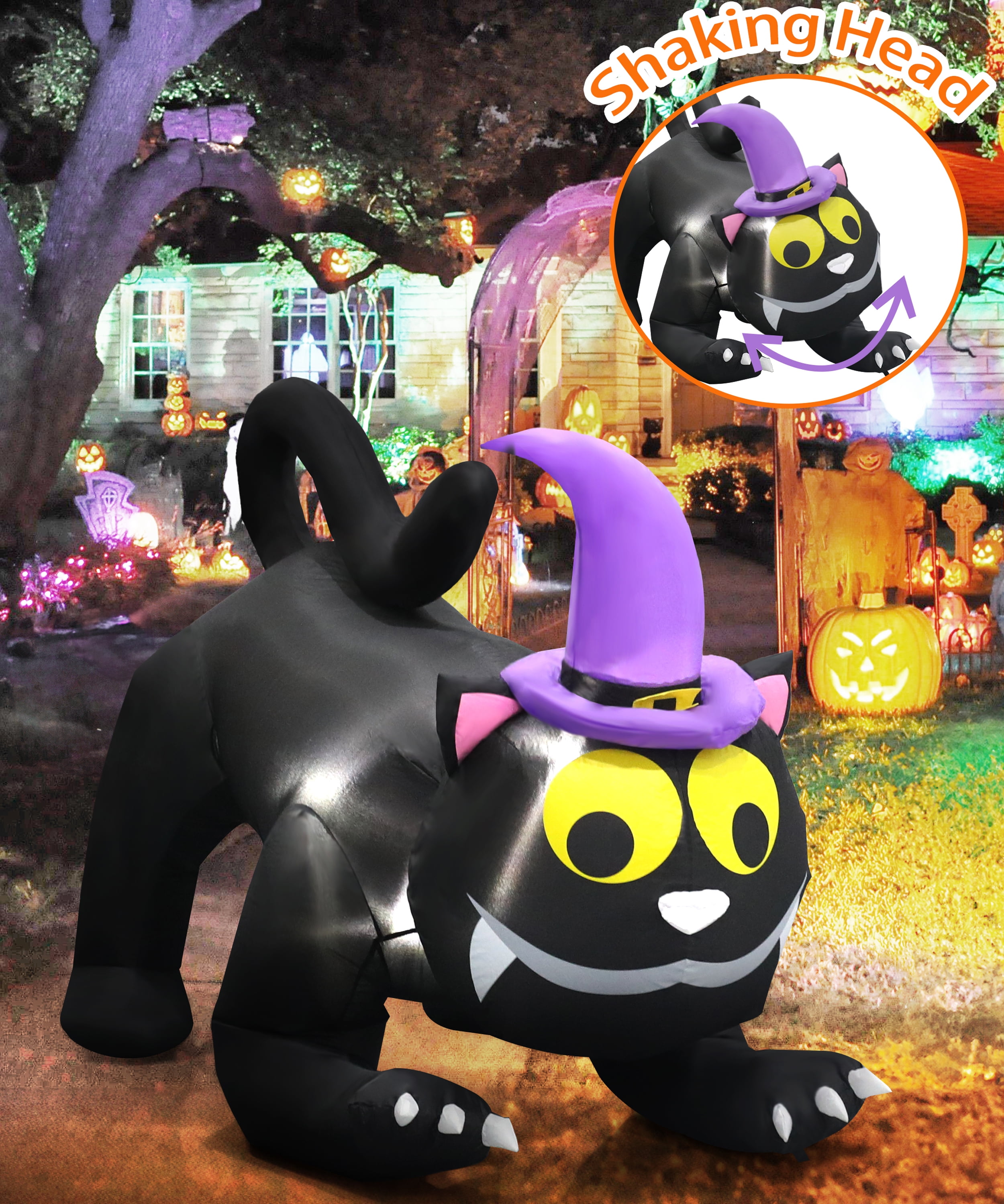 Vrilay 6ft Large Outside Haunted Decor, Black Cat Witch Inflatable with ...
