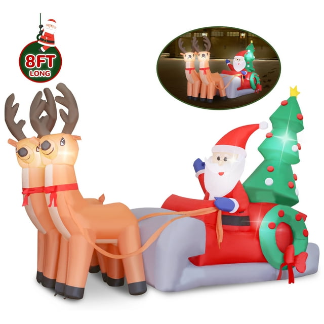 Vrilay 8ft Christmas Inflatable Santa Elk Sleigh Inflatable With Led