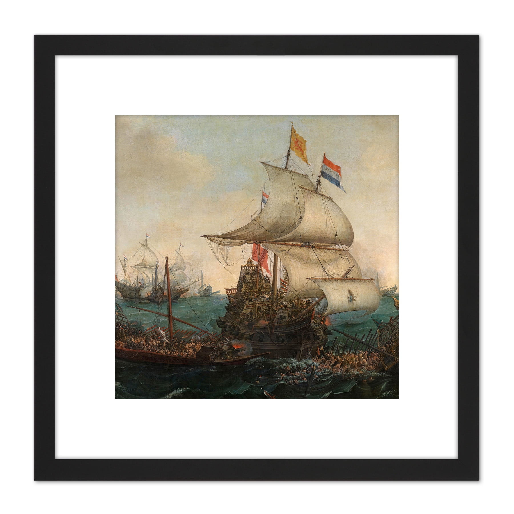 Vroom Dutch Ships Ramming Spanish Galleys 8X8 Inch Square Wooden Framed ...