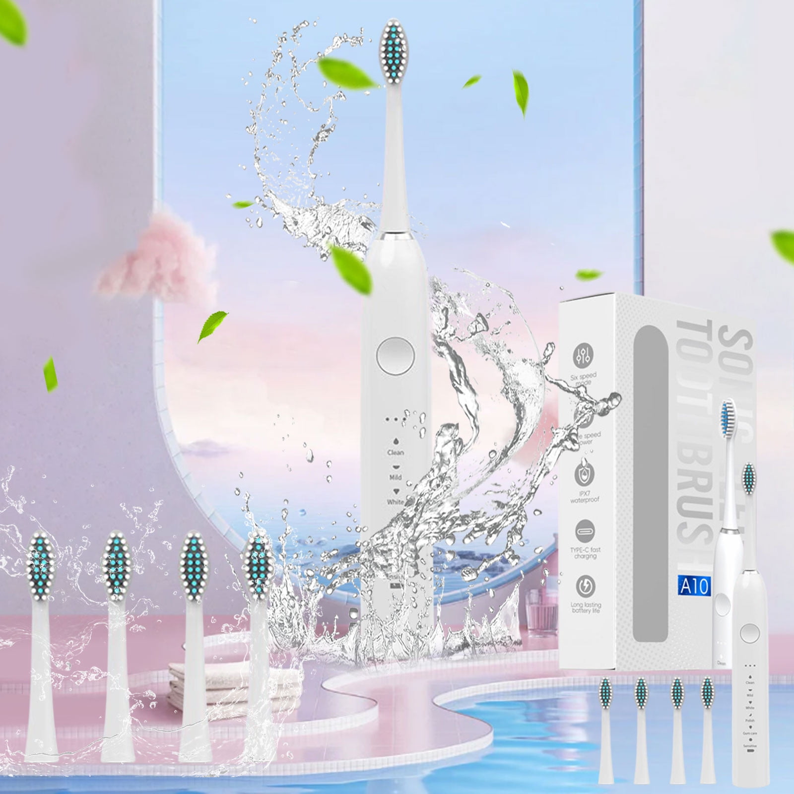 Vrorvz Electric Toothbrush with 4 Reusable Heads 6 Cleaning Modes Deep ...