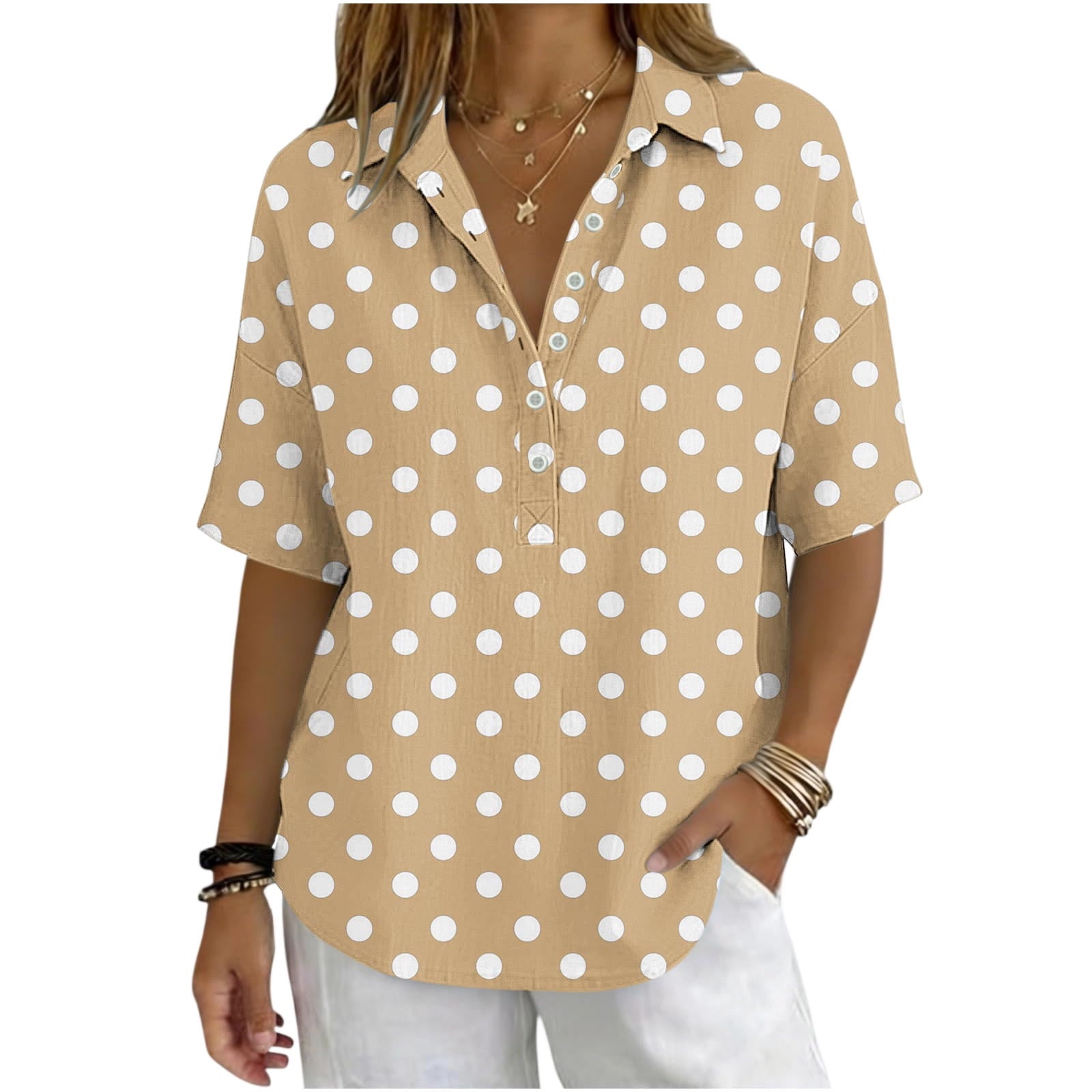 Vrorvz Polka Dot Top Women's Short Sleeve Collared Button Tops Casual ...
