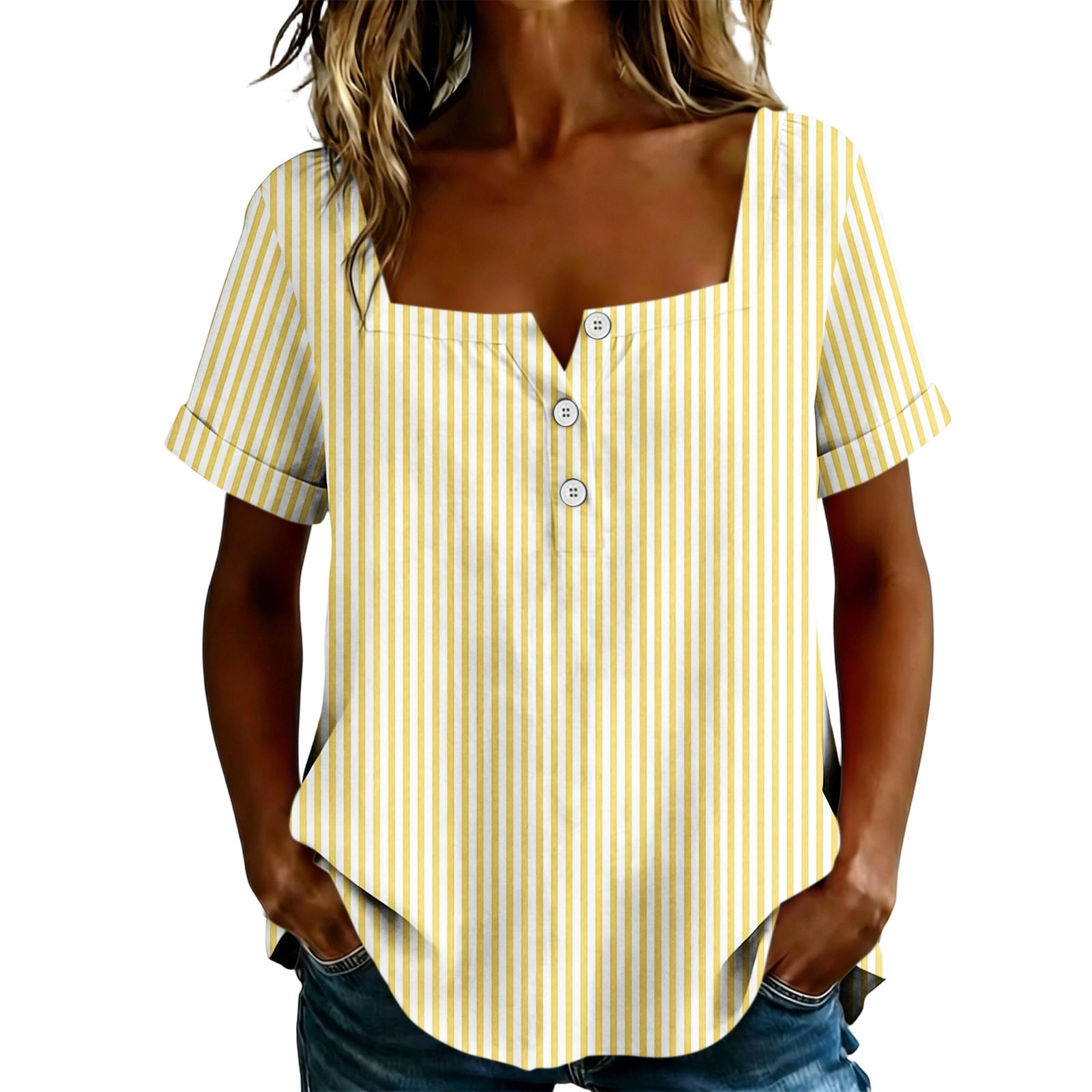 Vrorvz Striped Top for Women Short Sleeve Square Neck Tops Summer ...