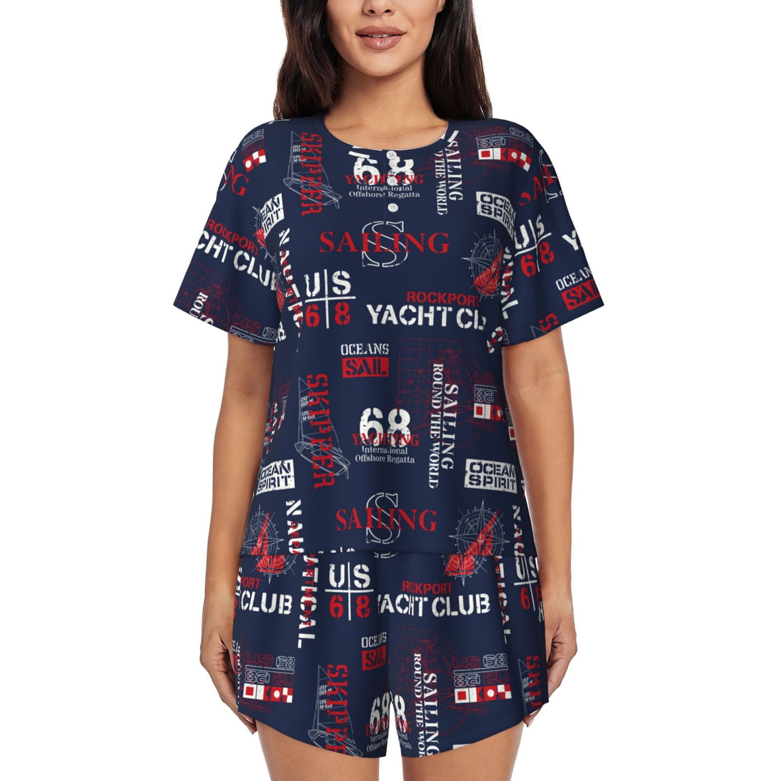 Vsdghe Nautical Style Sailboat Pattern Women's Pajama Set,Short Sleeve ...