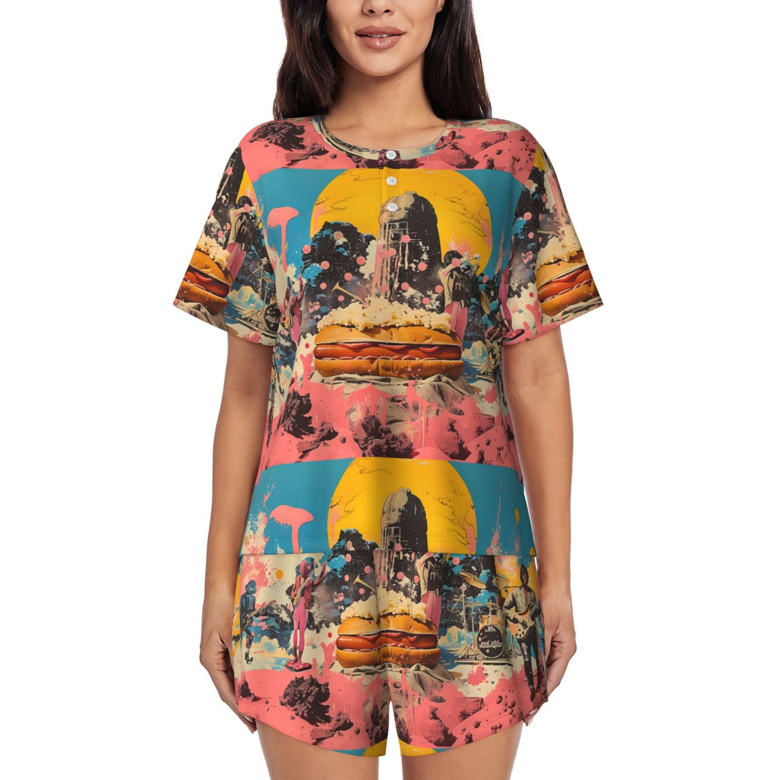 Vsdghe Psychedelic Band Hotdog Art Pattern Women's Pajama Set,Short ...
