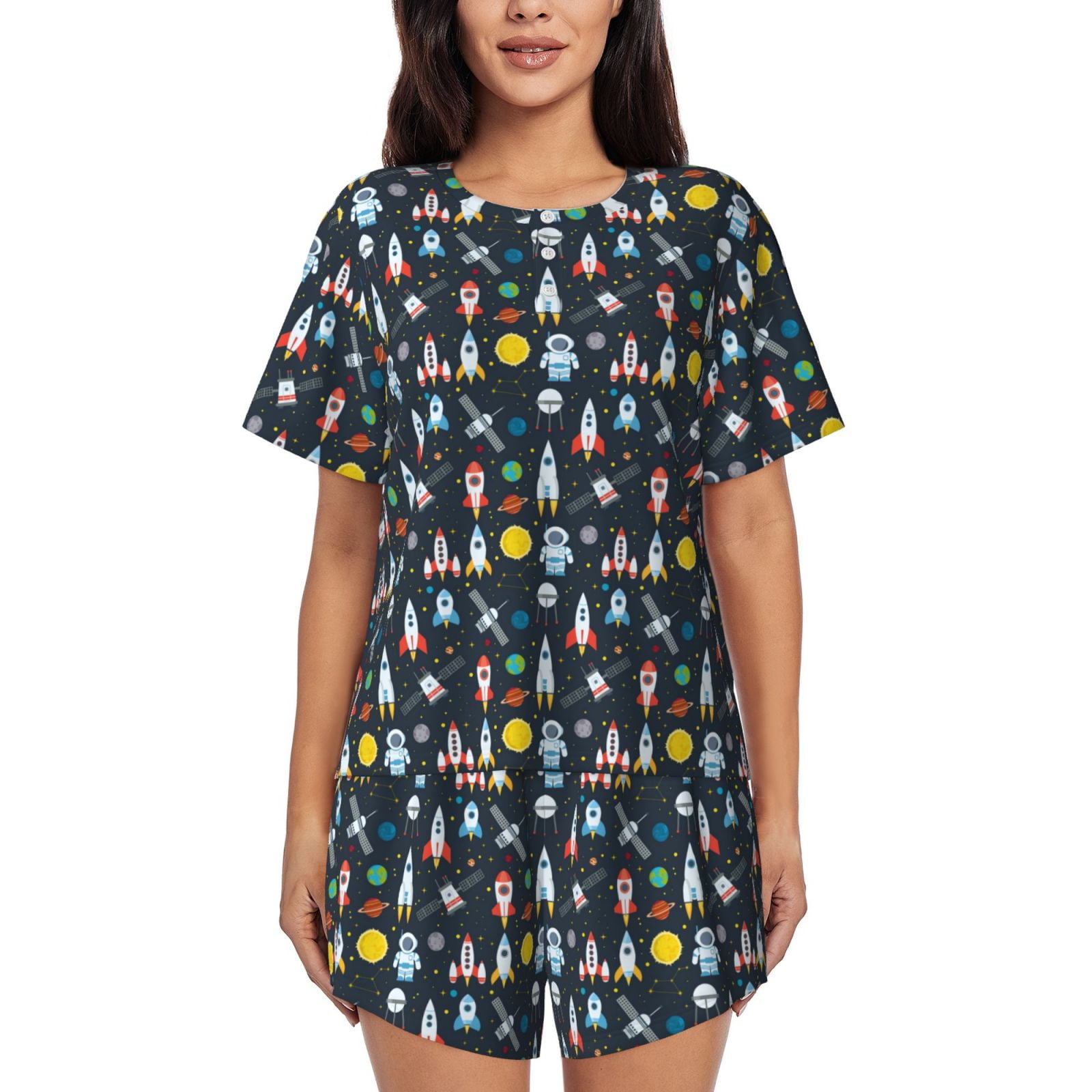Vsdghe Rocket Space Pattern Women's Pajama Set,Short Sleeve Sleepwear 2 ...