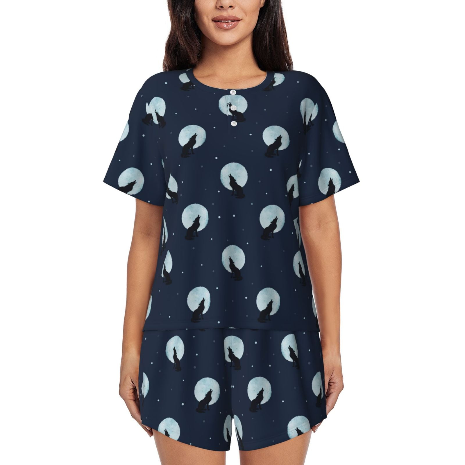 Vsdghe Wolf And Moon Pattern Women's Pajama Set,Short Sleeve Sleepwear ...