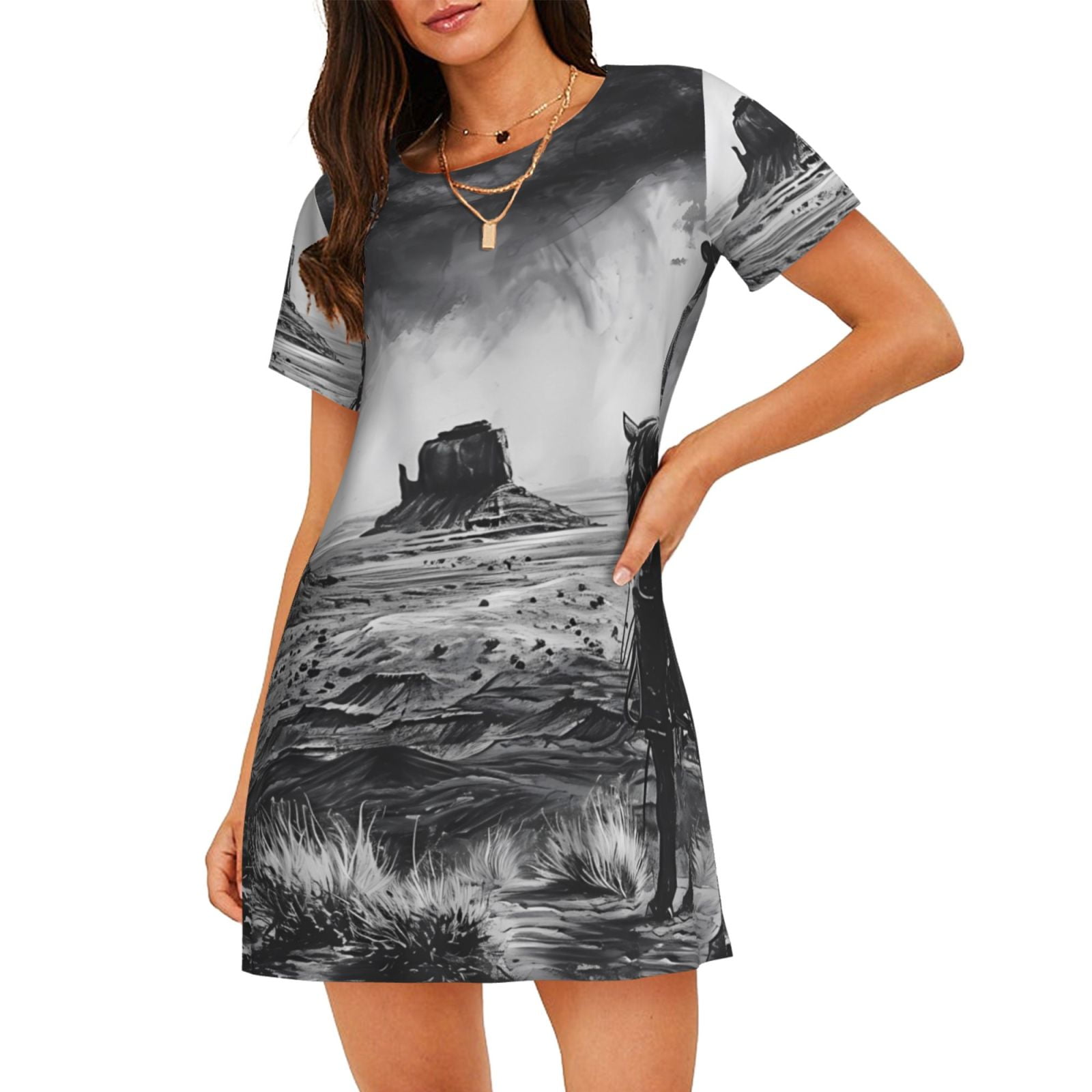 Vsdgher 60s Black White Western Cowboy Pattern Womens Short Sleeve ...