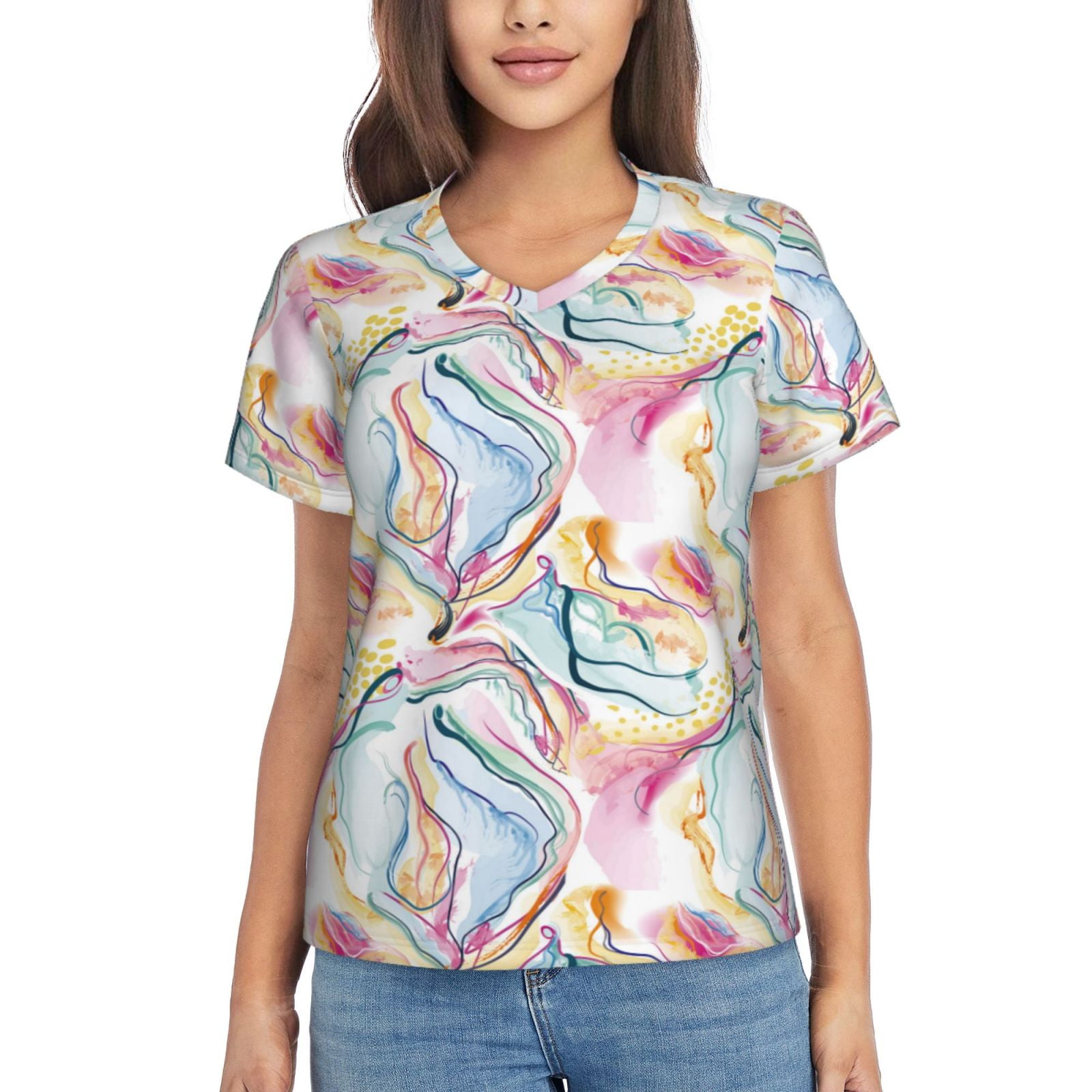 Vsdgher Abstract Marble Texture Women Shirts V Neck Short Sleeve Tops T ...