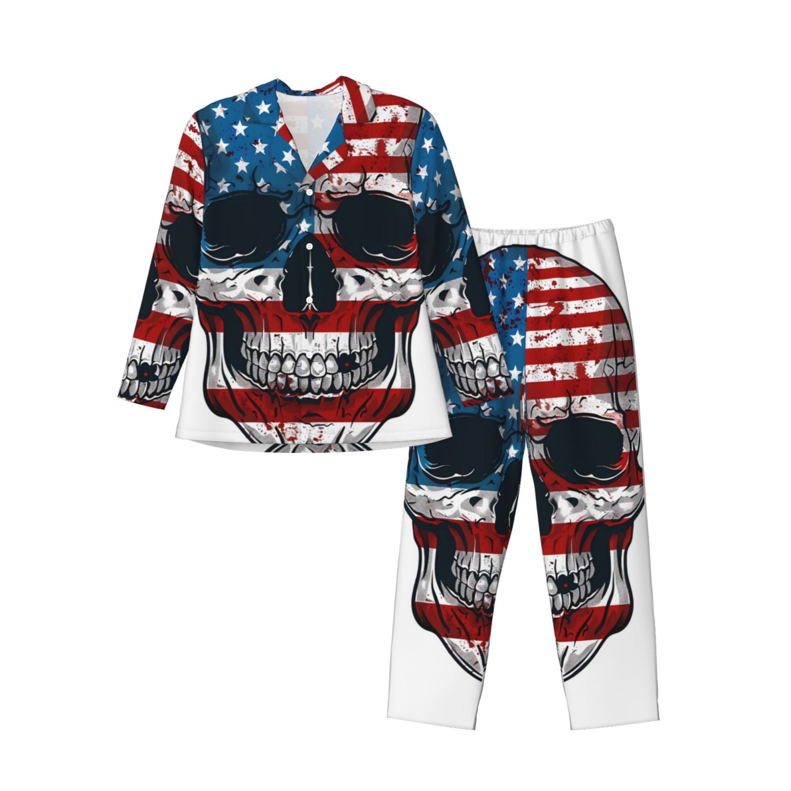 Vsdgher American Flag Skull Mens Pajama Set, Soft Warm Long Sleeve ...