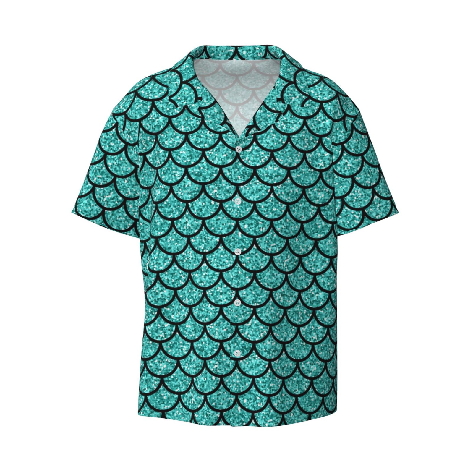 Vsdgher Aquamarine Glitter Print Men's Wrinkle Free Untucked Cuban ...