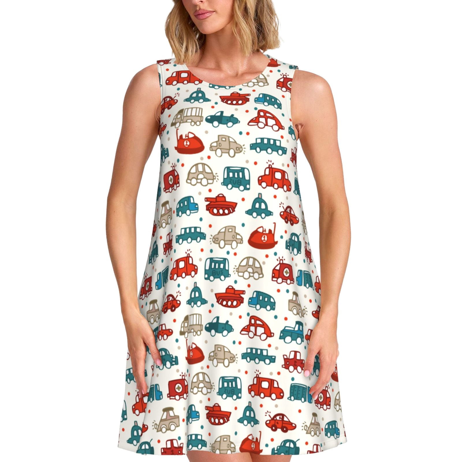 Vsdgher Artoon Car Print Summer Dresses for Women Casual U Neck Beach ...