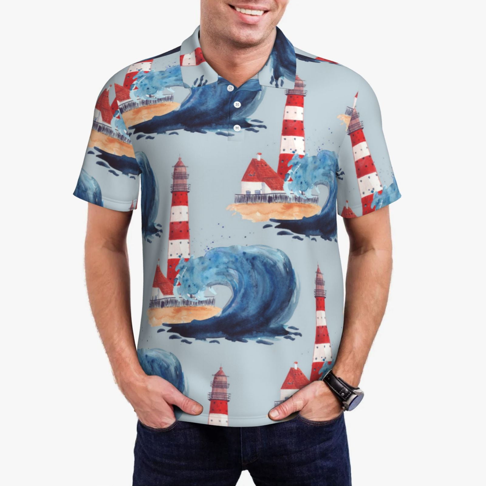 Vsdgher Beacon In The Huge Waves Of The Surf Polo Shirts for Men, Men's ...
