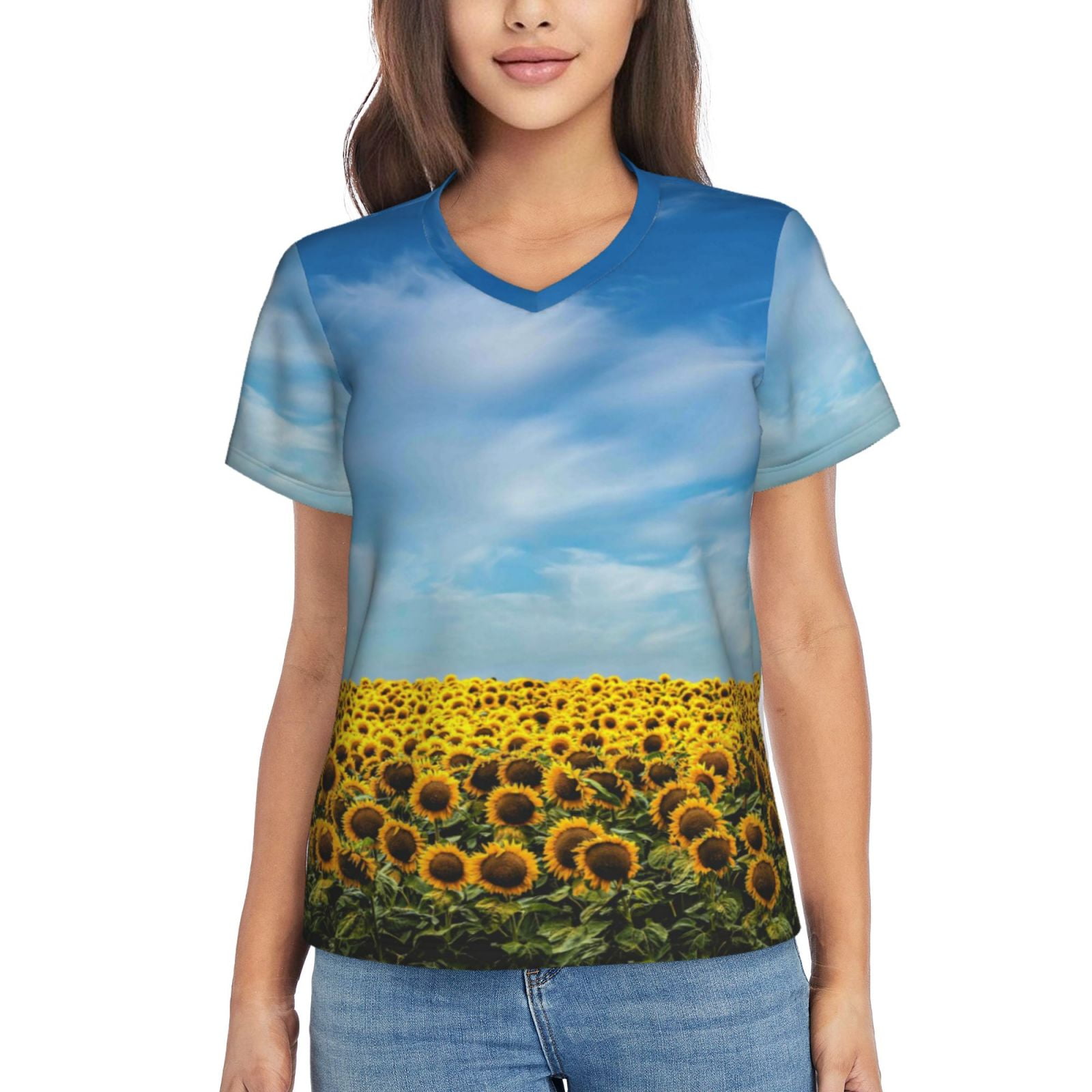 Vsdgher Blooming Sunflower Field Women Shirts V Neck Short Sleeve Tops ...