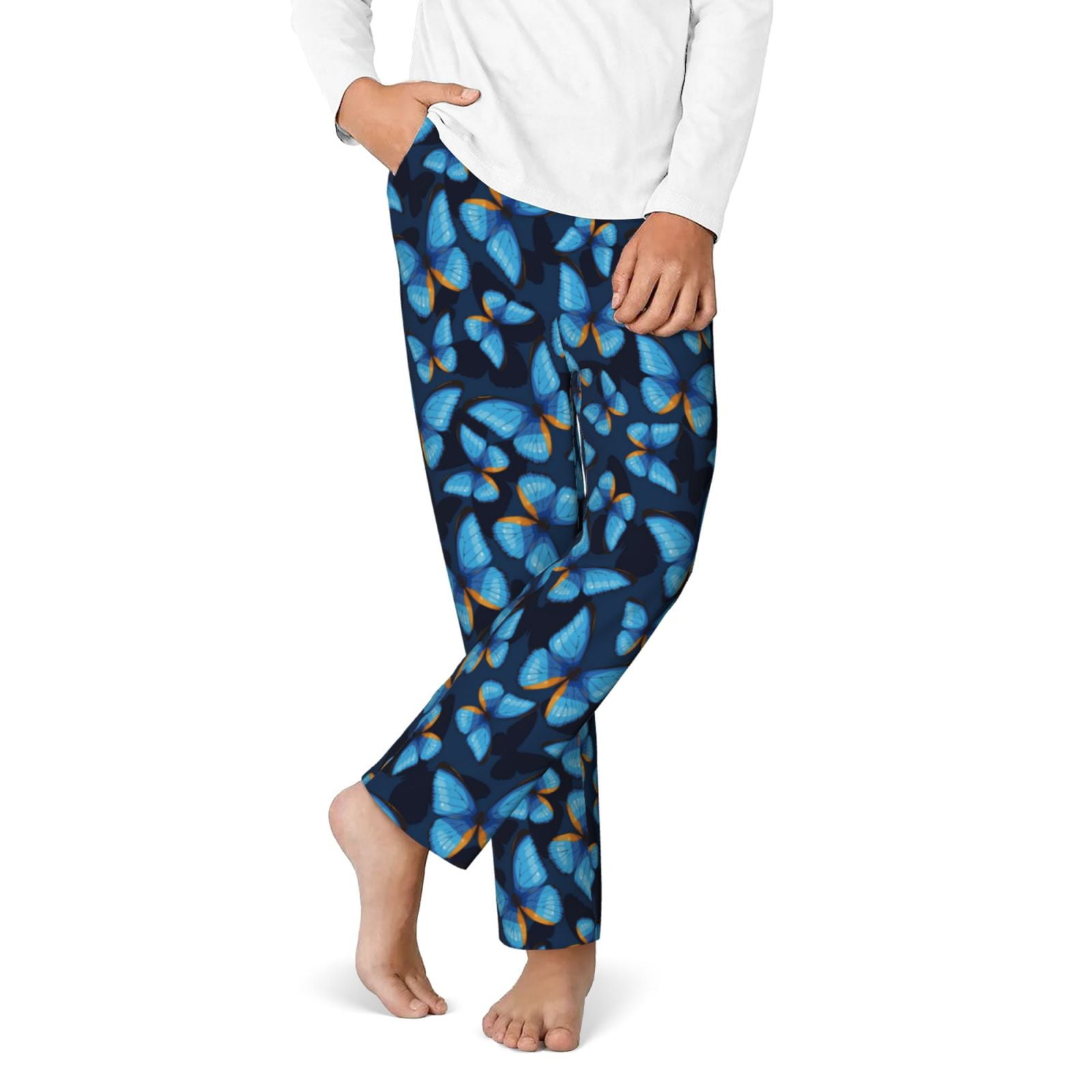 Vsdgher Blue Butterfly Print Kids Pajama Pants,Long Sleep Plaid Pants ...