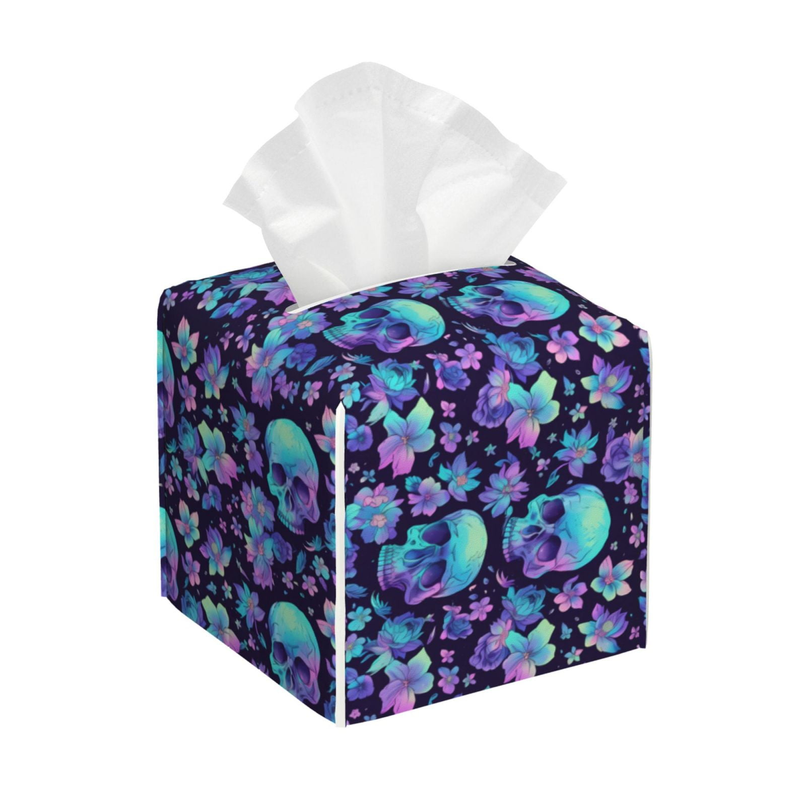 Vsdgher Blue Flower Skull Pattern Tissue Box Cover Holder, Square with ...